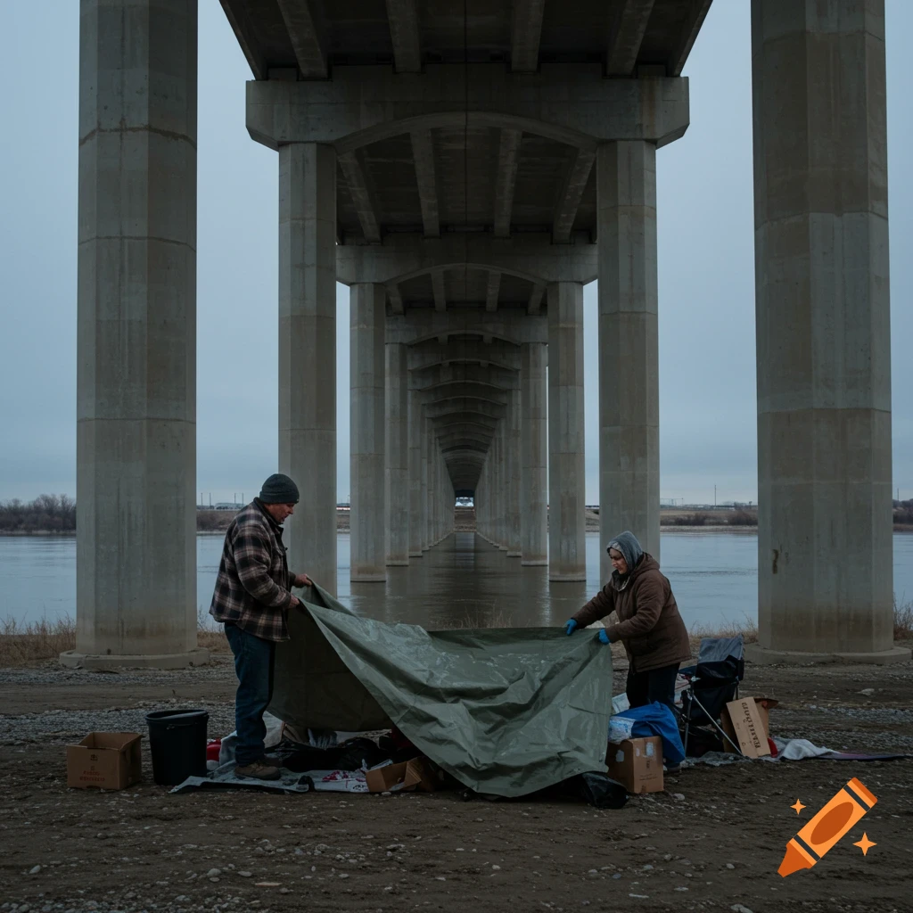 A man and a woman set up a tarp under a large concrete highway overpass ...