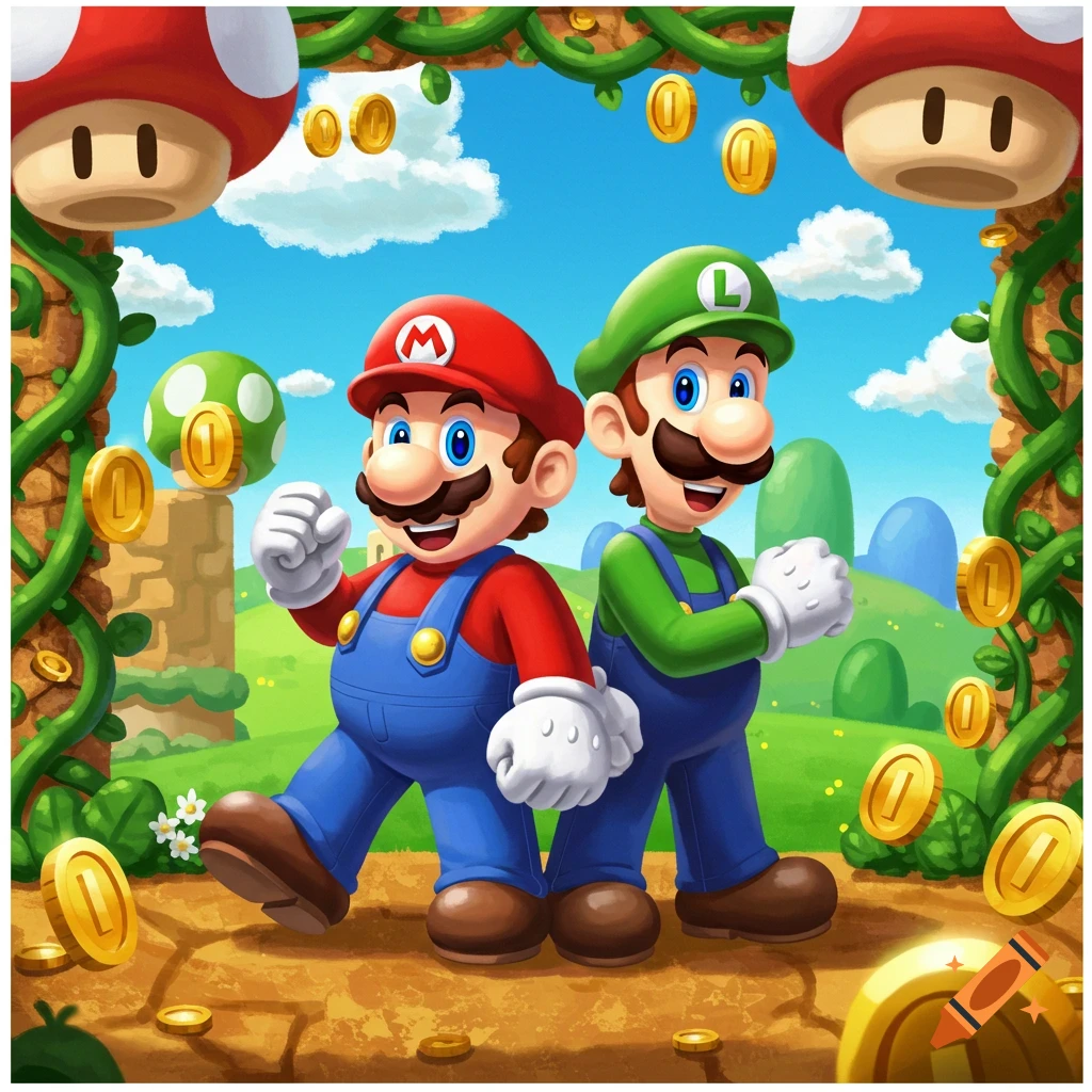 Mario jumps in a vibrant Super Mario Bros. landscape with coins ...