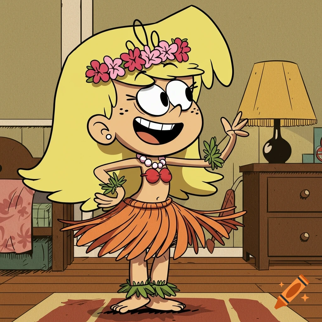 Lola Loud, a blonde cartoon girl, smiles while doing Tahitian dancing ...