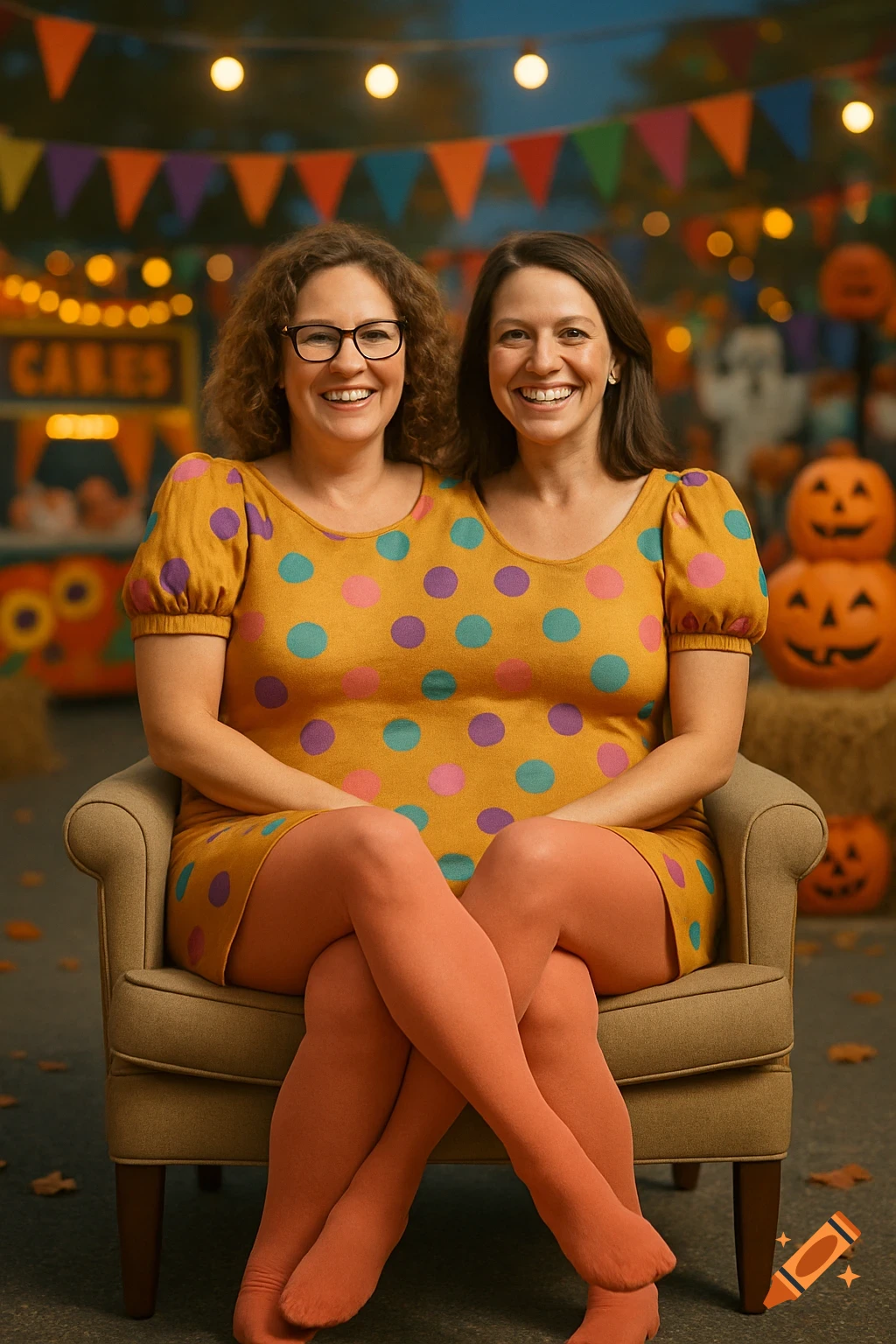 Two women, appearing as one body with two heads, sit in a chair at a ...