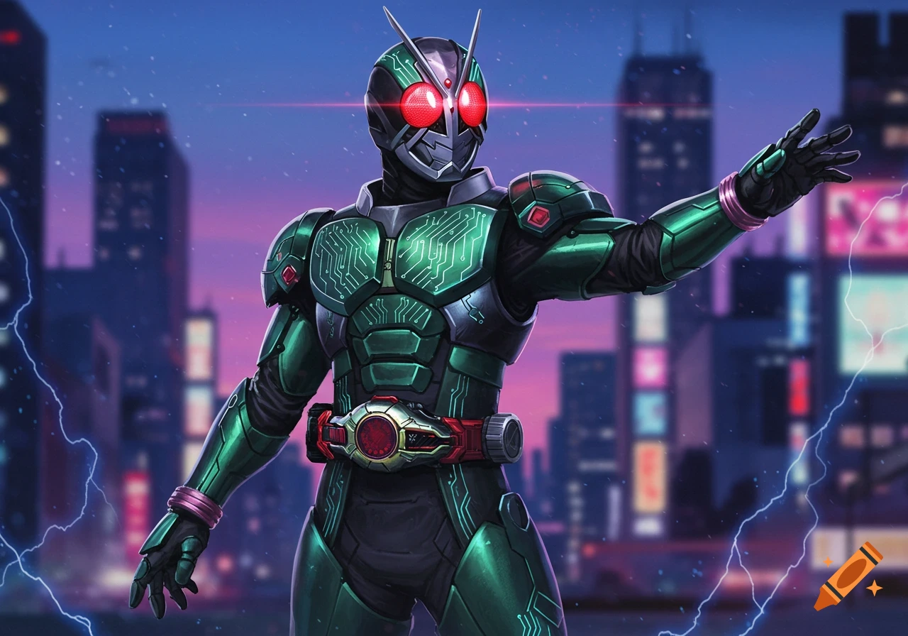 A Kamen Rider-like figure in a green and black armored suit with red ...