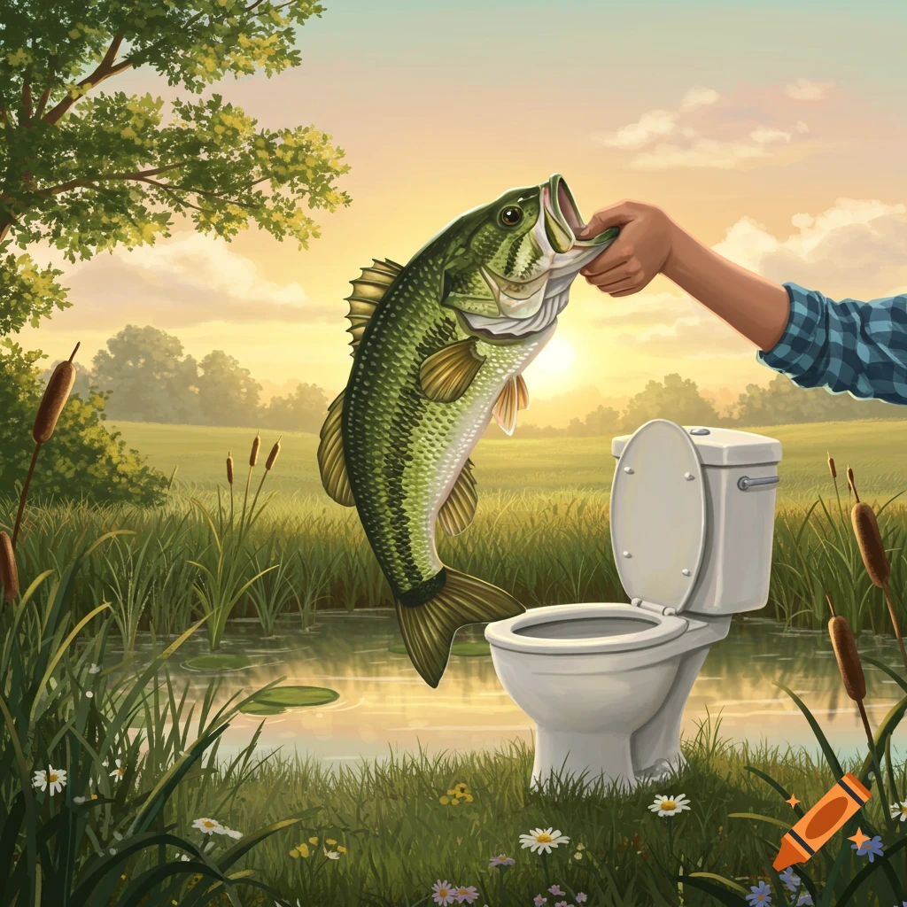 A hand holds a large bass over a toilet in a grassy field with a pond ...