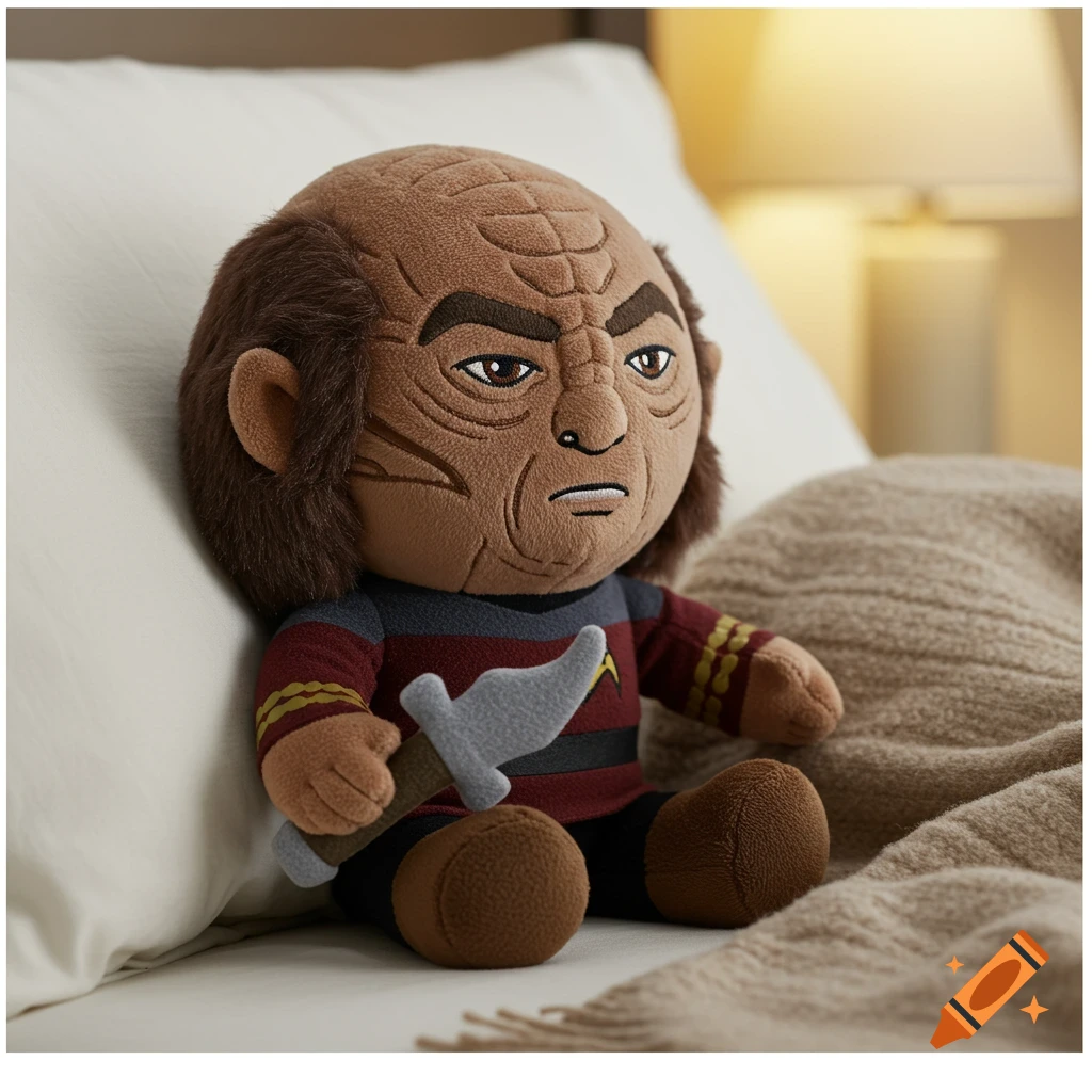 Photorealistic image of a Star Trek Gowron plushie sitting on a bed ...