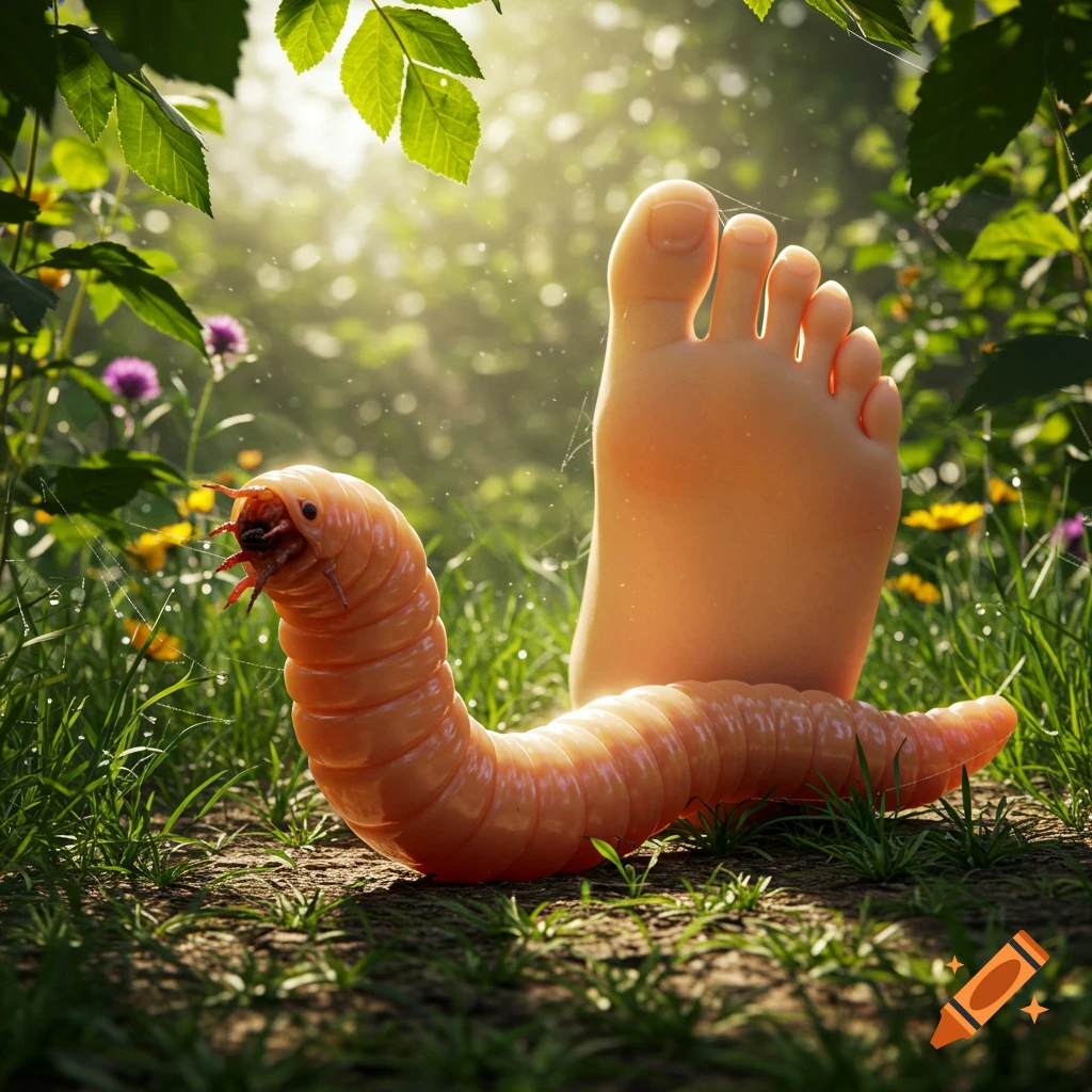 A large, peach-colored worm with a human foot for a tail, in a sunlit ...