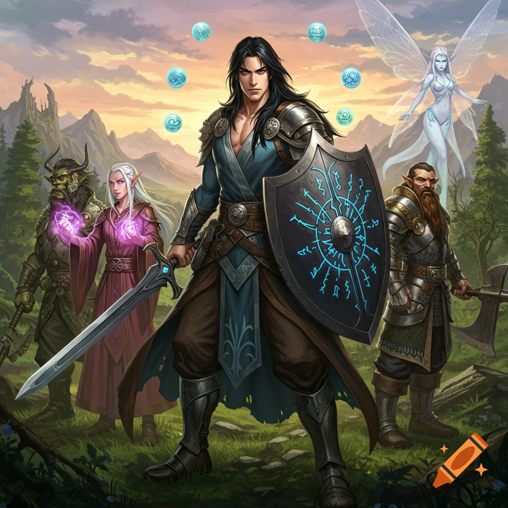 A fantasy group including a warrior with a shield, an elf sorceress, an ...