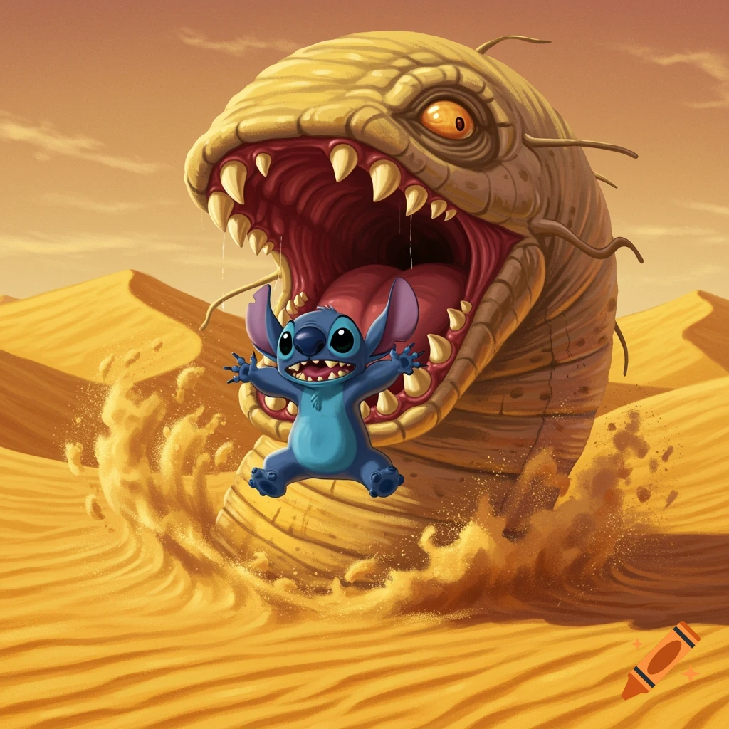 Cartoon blue alien Stitch jumping into the massive open mouth of a ...
