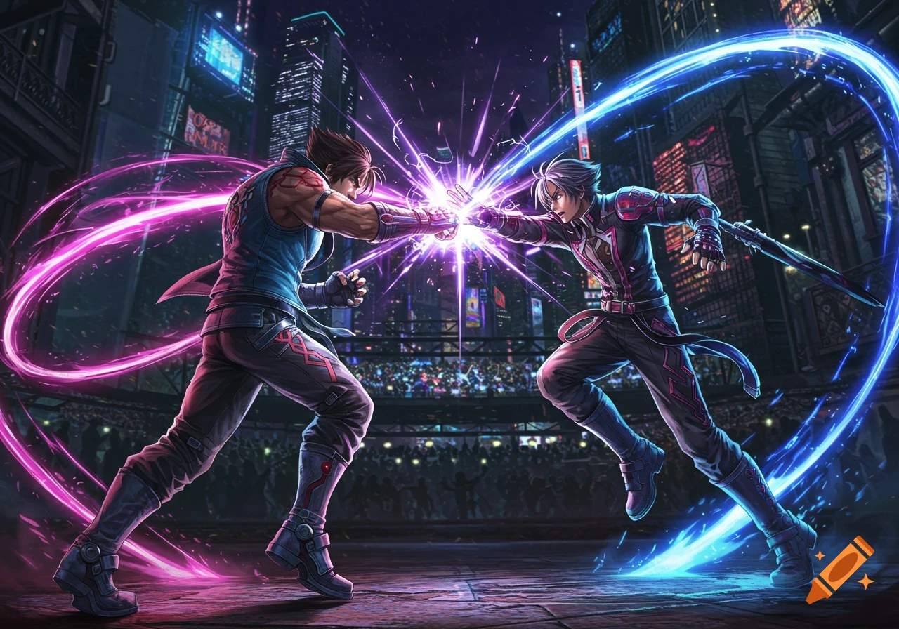 Two anime-style male fighters clash with powerful energy blasts in a ...