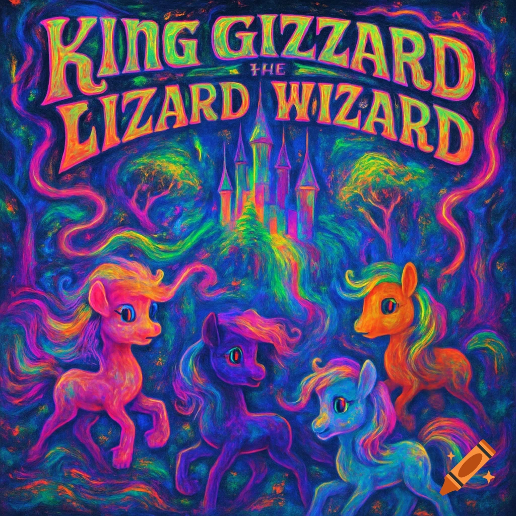Psychedelic art of colorful ponies in a vibrant landscape with a castle ...
