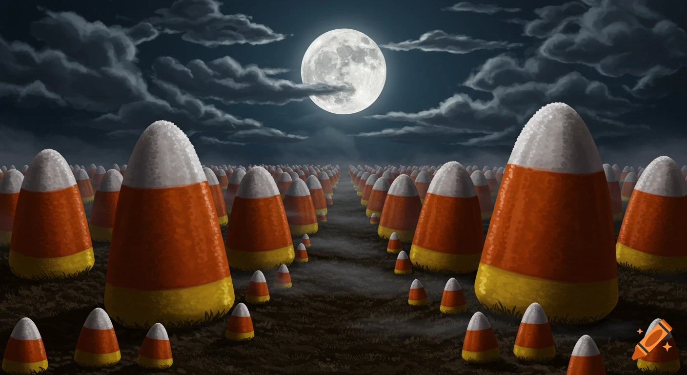 A field of large candy corn rows stretches under a bright full moon and ...