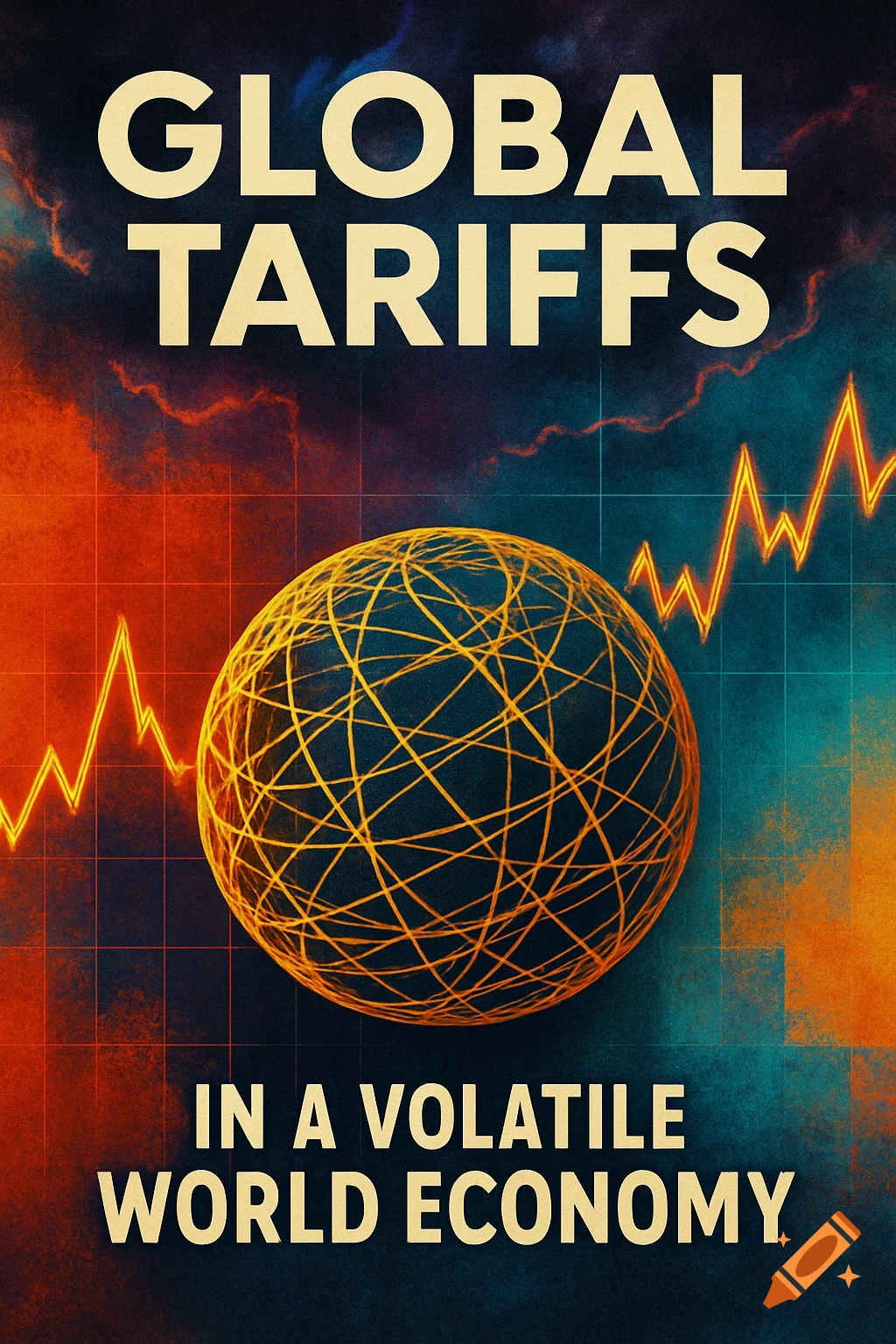 Poster with a glowing wireframe globe, orange line graph, and text ...