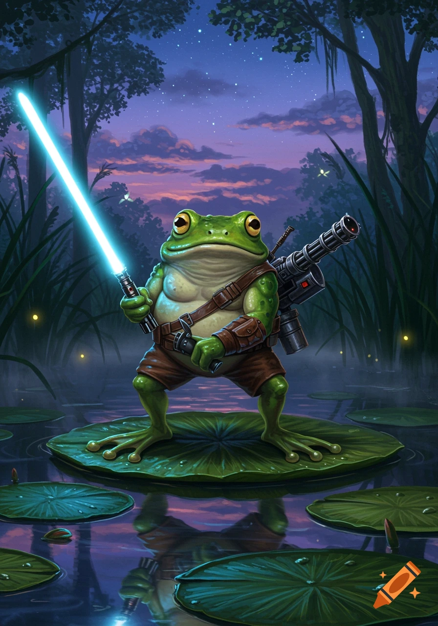 A fat frog with a lightsaber and minigun stands on a lily pad in a dark ...
