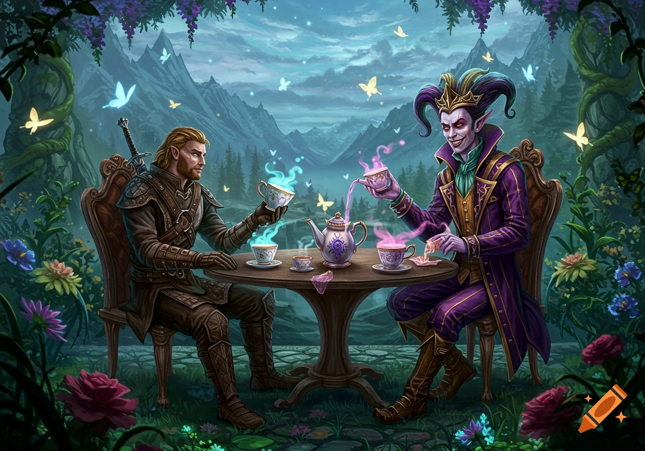 A warrior and a jester-like character have a magical tea party in a ...