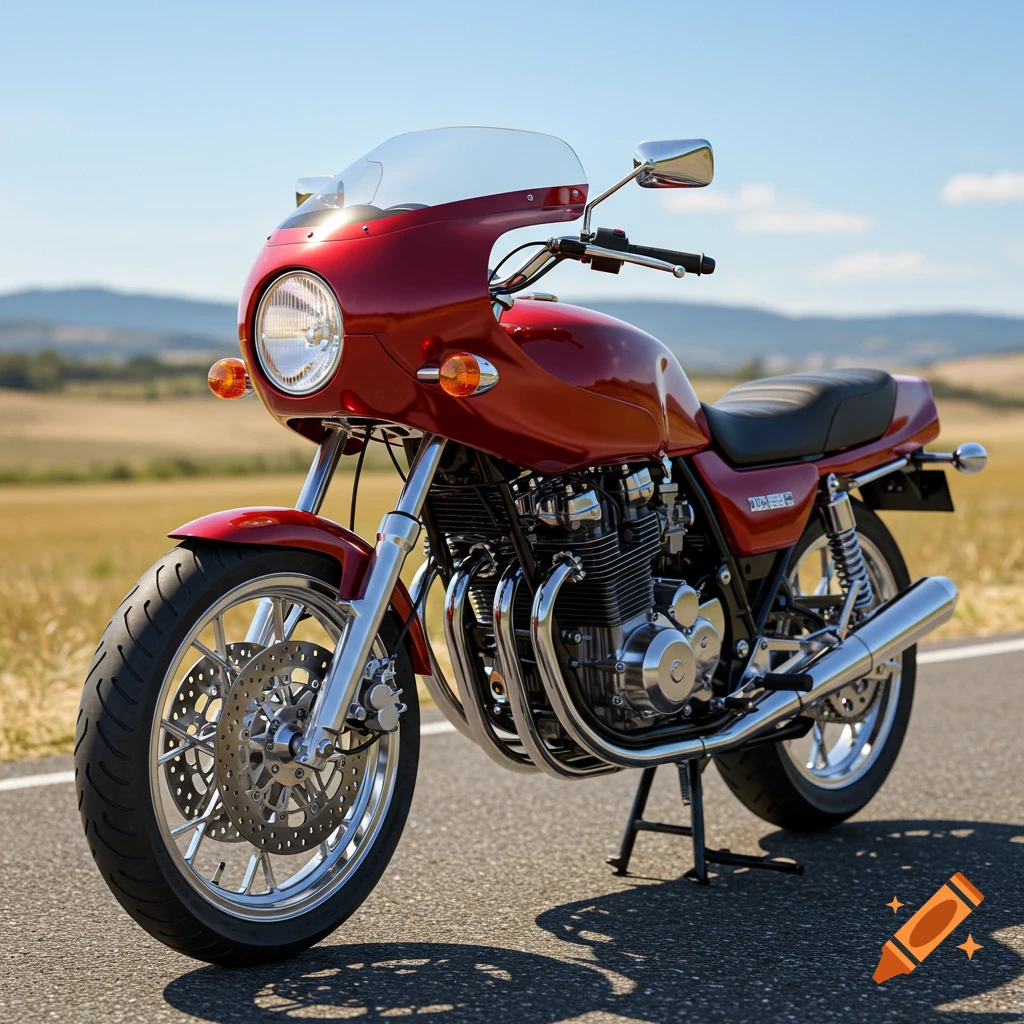 A bright red 1970s-style motorcycle with chrome accents and a front ...
