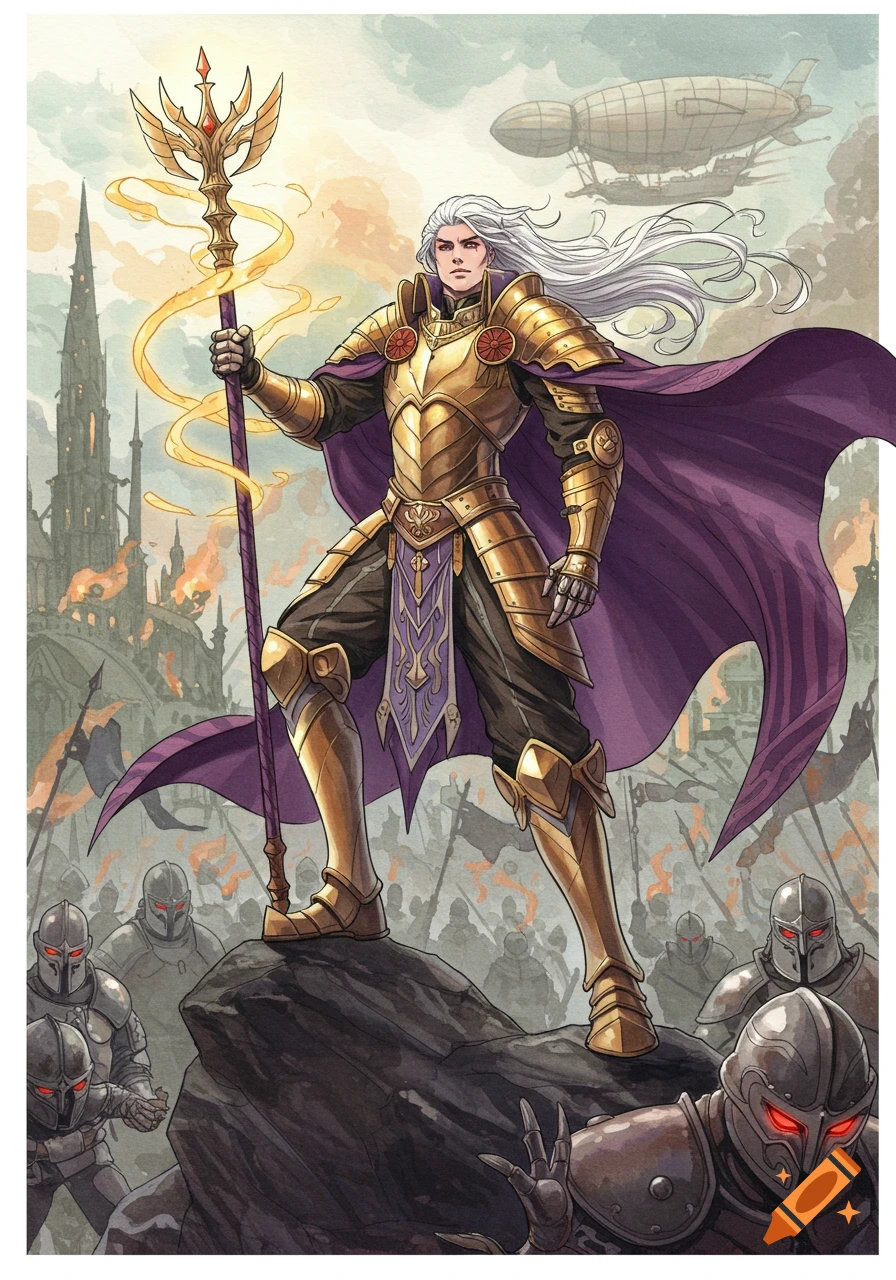 An androgynous fantasy warlord in golden armor and purple cape stands ...