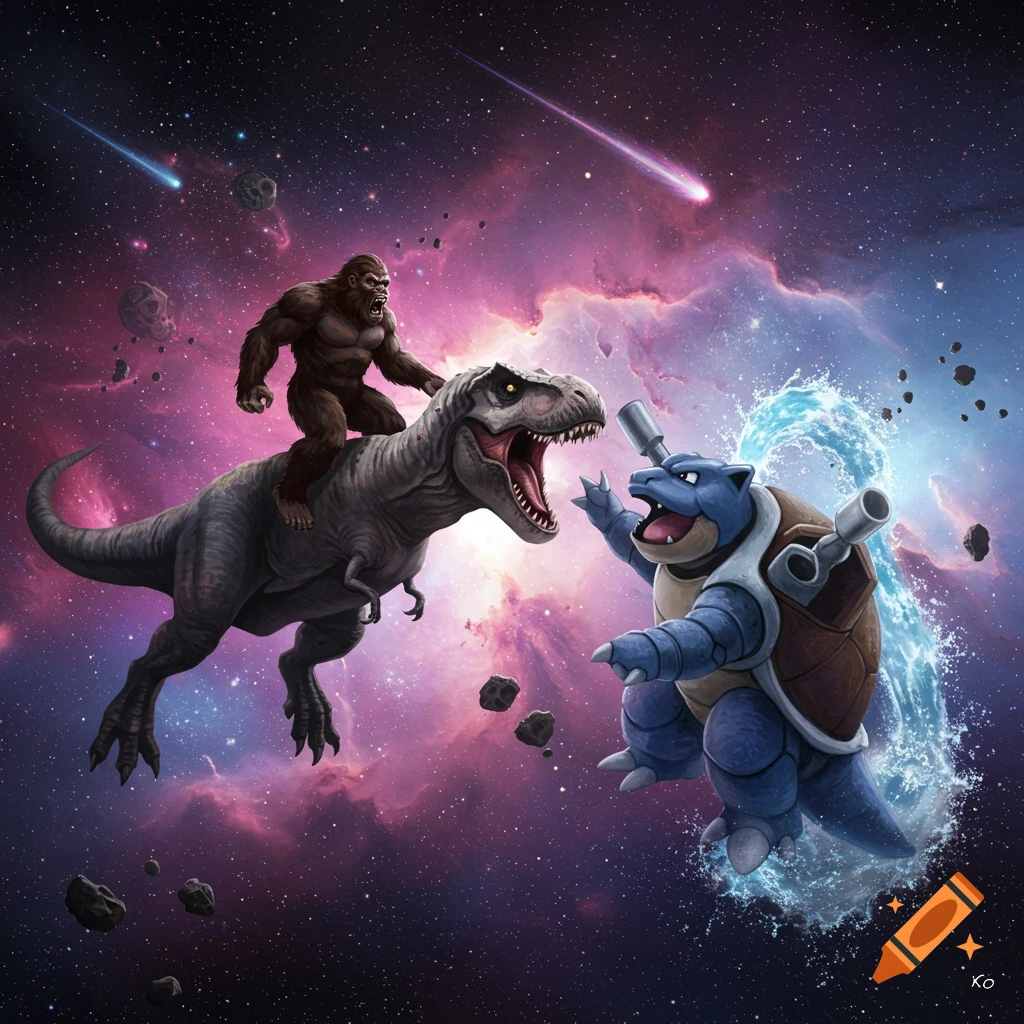 King Kong rides a T-Rex battling Blastoise in vibrant outer space with ...