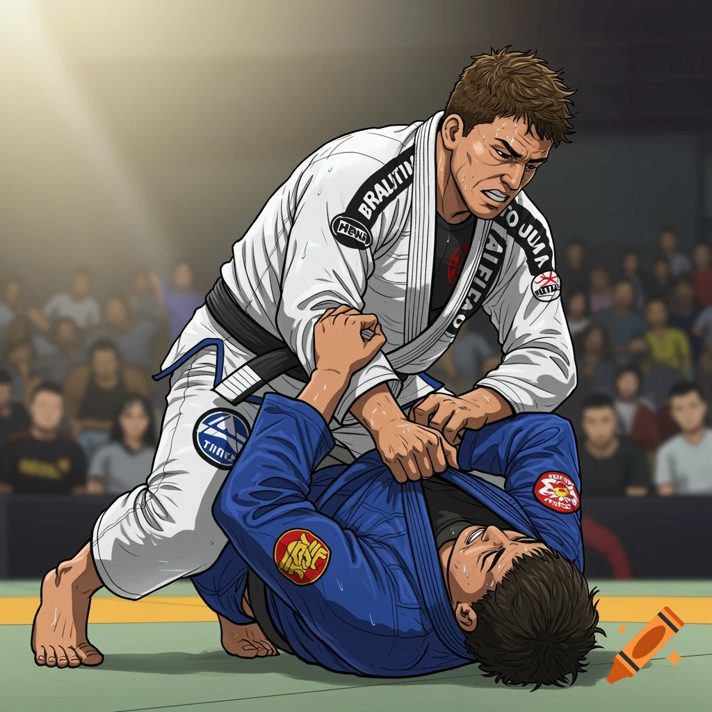 Two male MMA fighters grapple in a brightly lit arena during a UFC ...