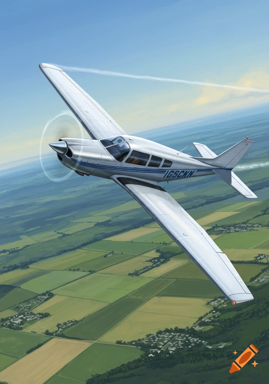 A silver single-engine propeller plane with blue stripes flies through ...