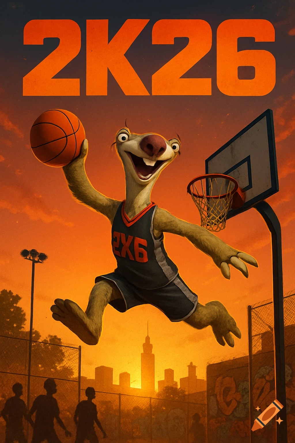 Sid the sloth from Ice Age in a basketball uniform jumps to dunk a ...