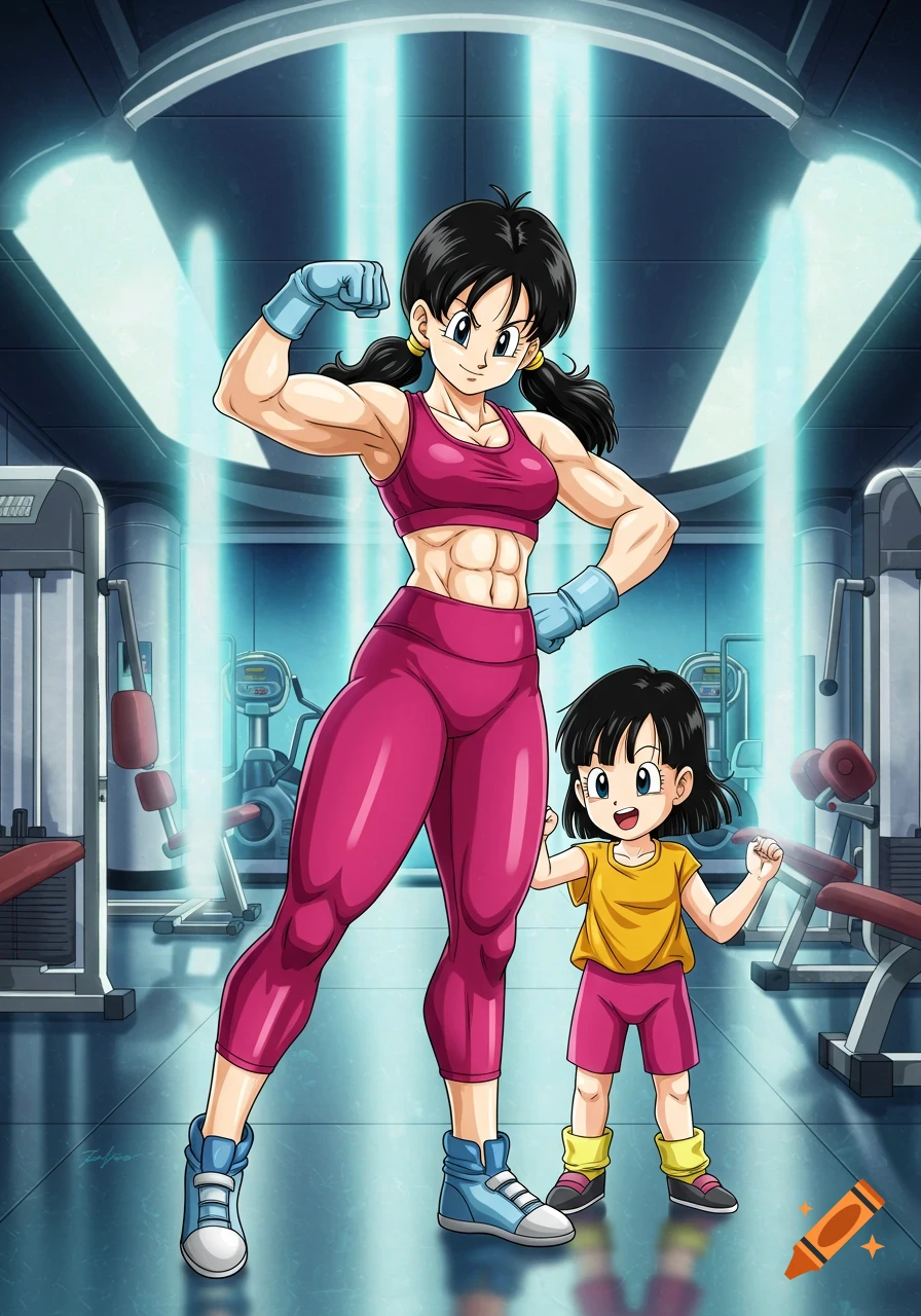 An extremely muscular anime woman in a sports bra and shorts flexes her ...