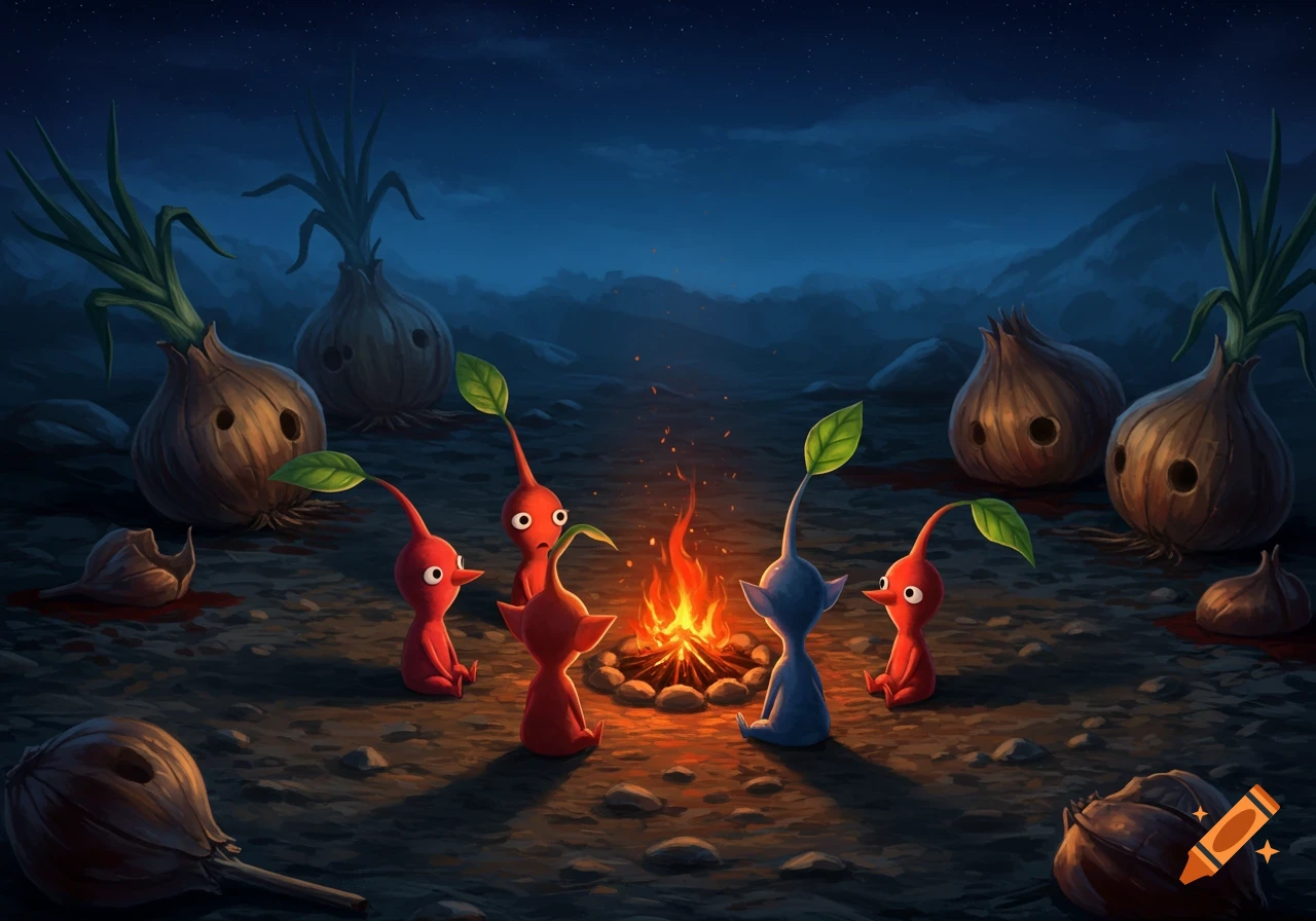 A group of vibrant 3D rendered Pikmin characters, including green, red ...