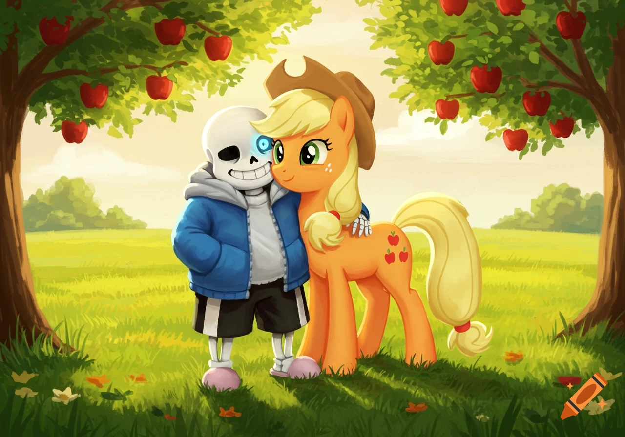 Sans the skeleton and Applejack the pony hug in a sunny green field ...