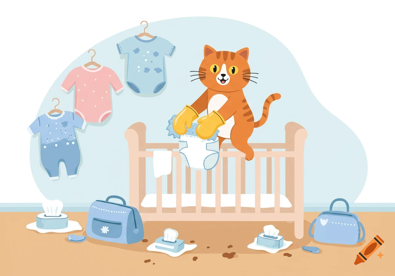 A cartoon orange cat in yellow gloves changes a baby diaper in a ...