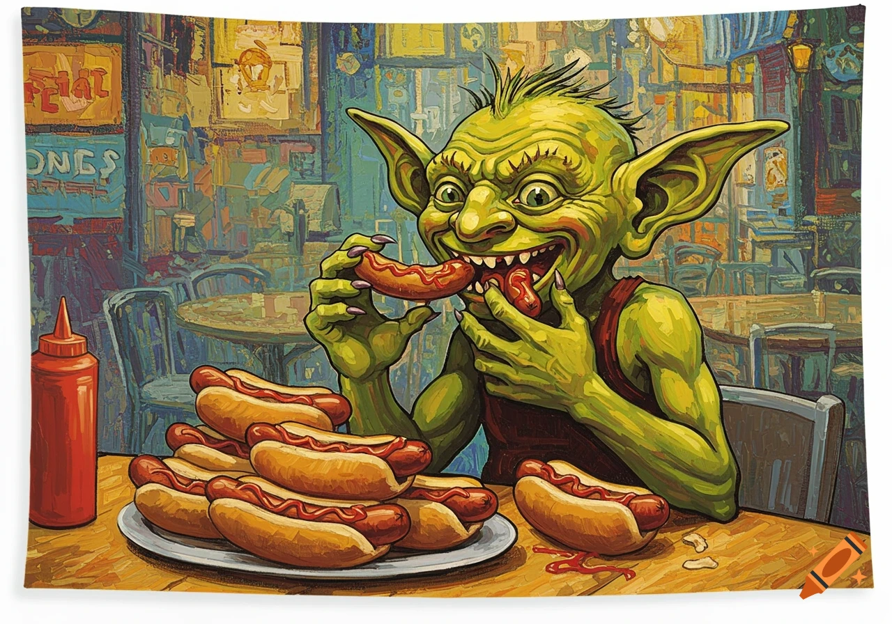 A green goblin with large ears and pointy teeth is gleefully eating ...