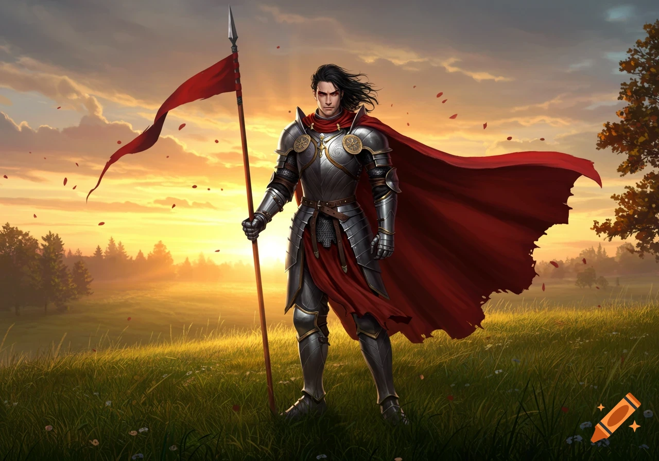 A knight in full armor and a flowing red cape stands in a grassy field ...