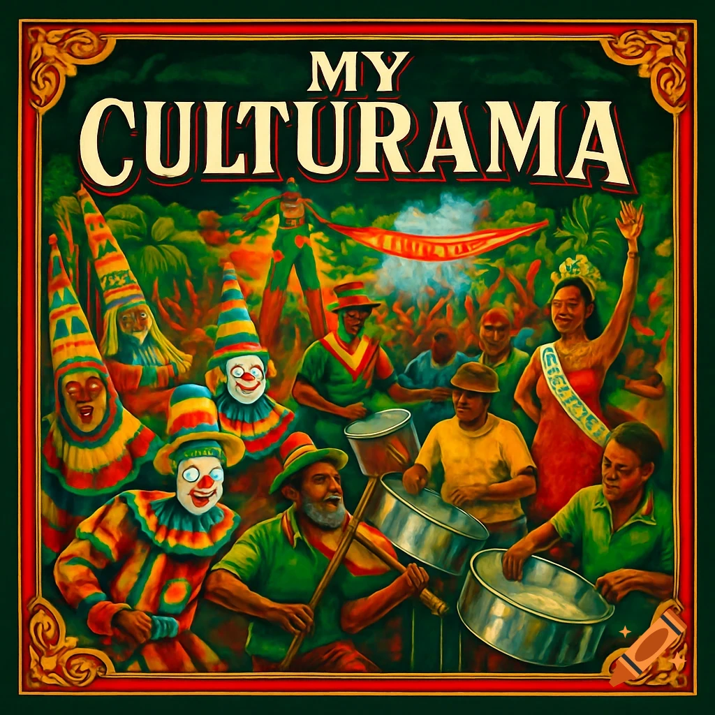 Vibrant carnival artwork with costumed people, clowns, and musicians, featuring the title 'MY ...