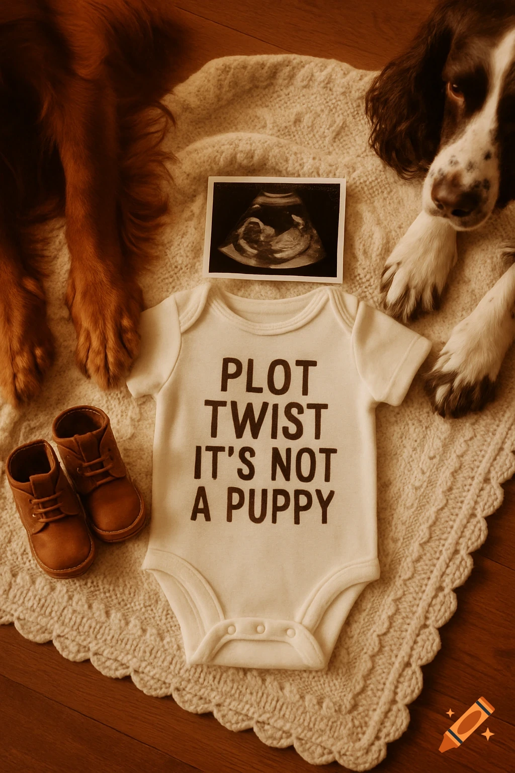 Illustrated pregnancy announcement with a baby onesie saying 'PLOT ...