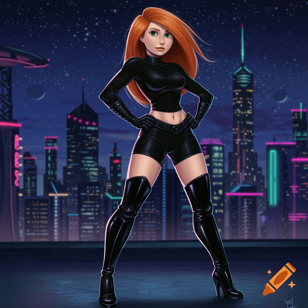 Cartoon style illustration of Kim Possible in a black suit and boots ...