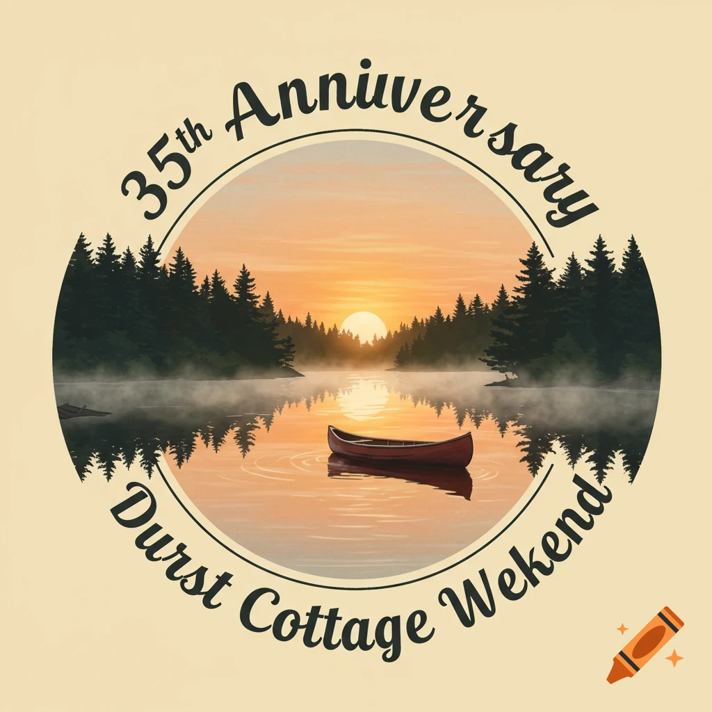 Circular illustration with '35th Anniversary Durst Cottage Weekend ...