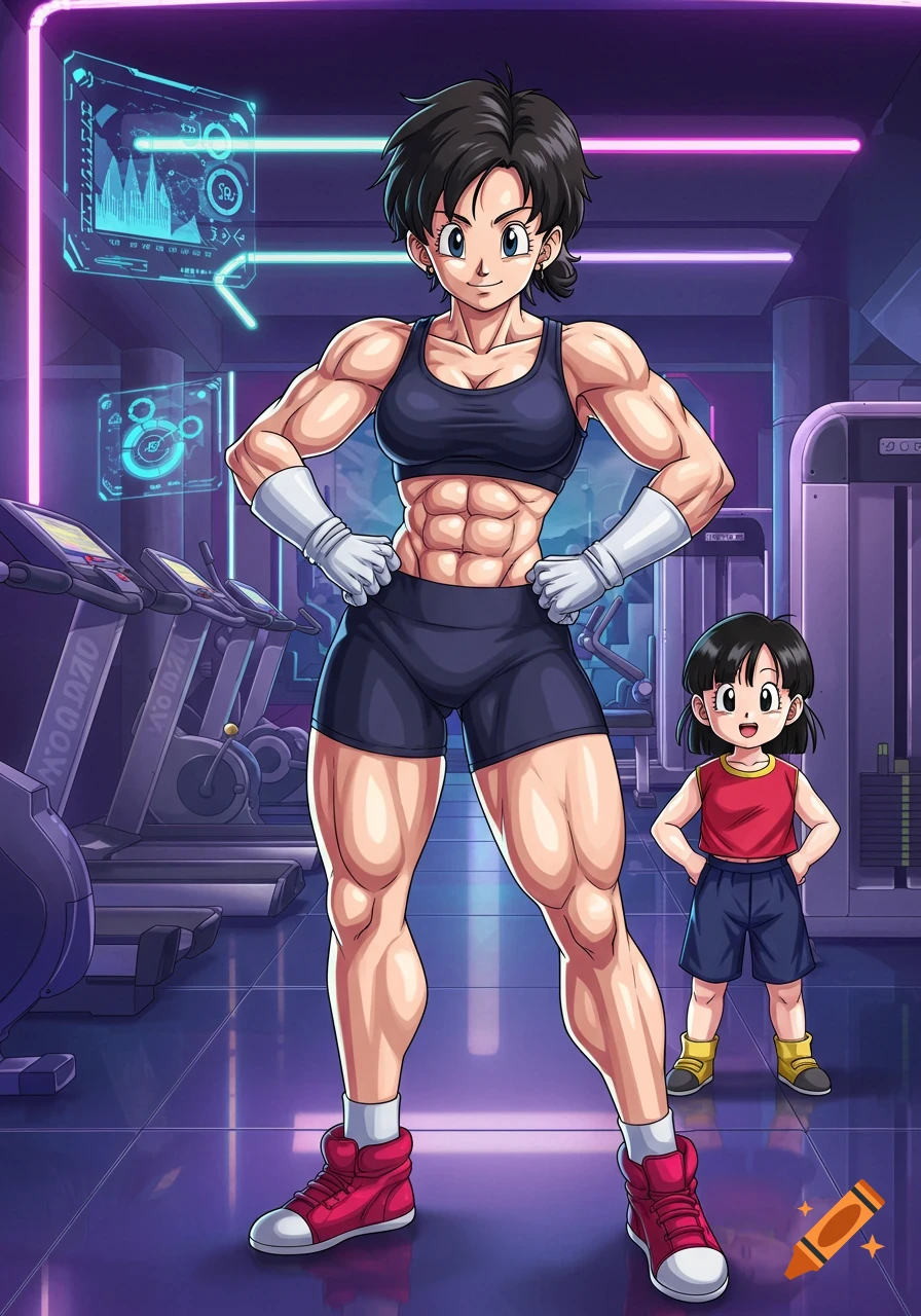 Videl and her daughter Pan flex their muscles in a gym, in a Dragon ...