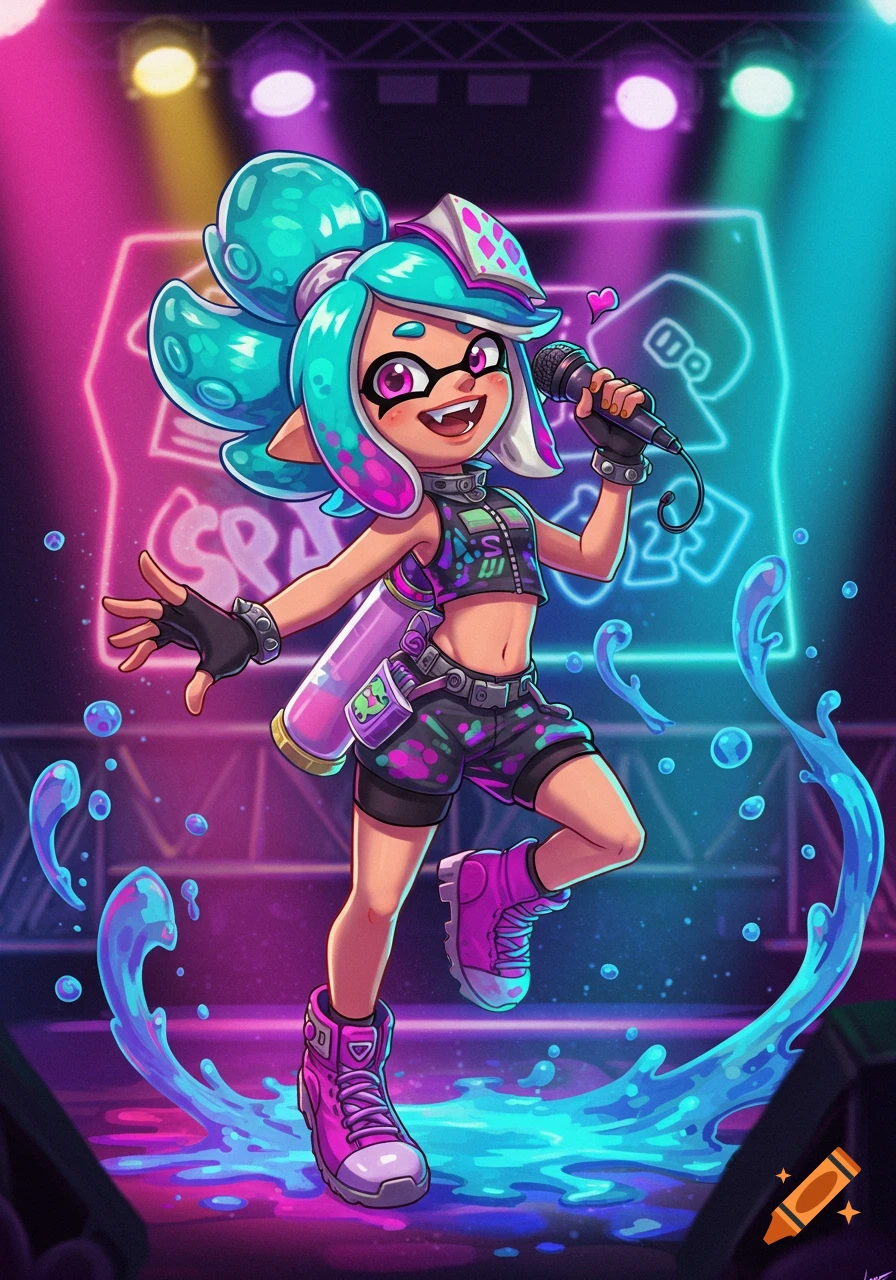 A stylized 3D render of an Inkling character with purple hair and large ...