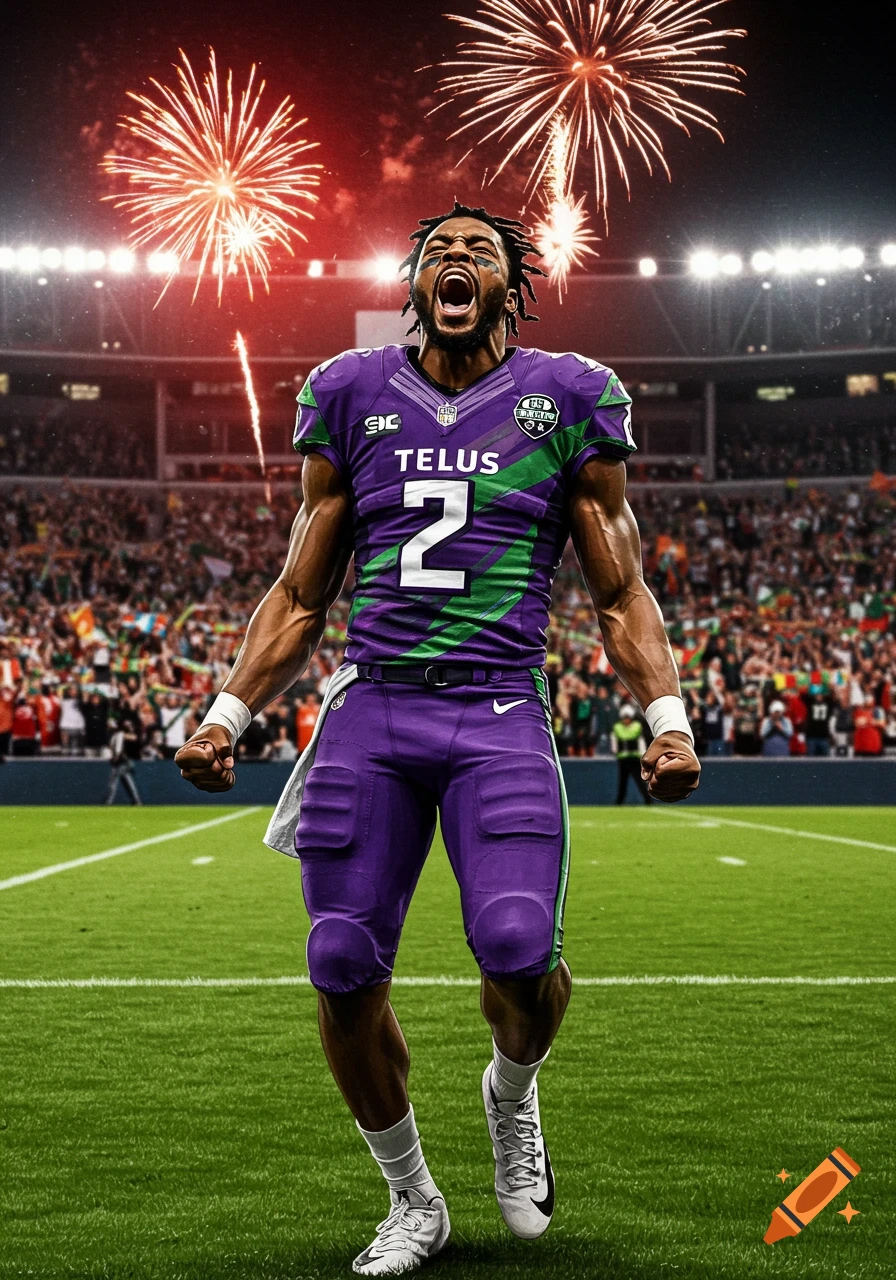 A photorealistic image of a male football player in purple and green ...