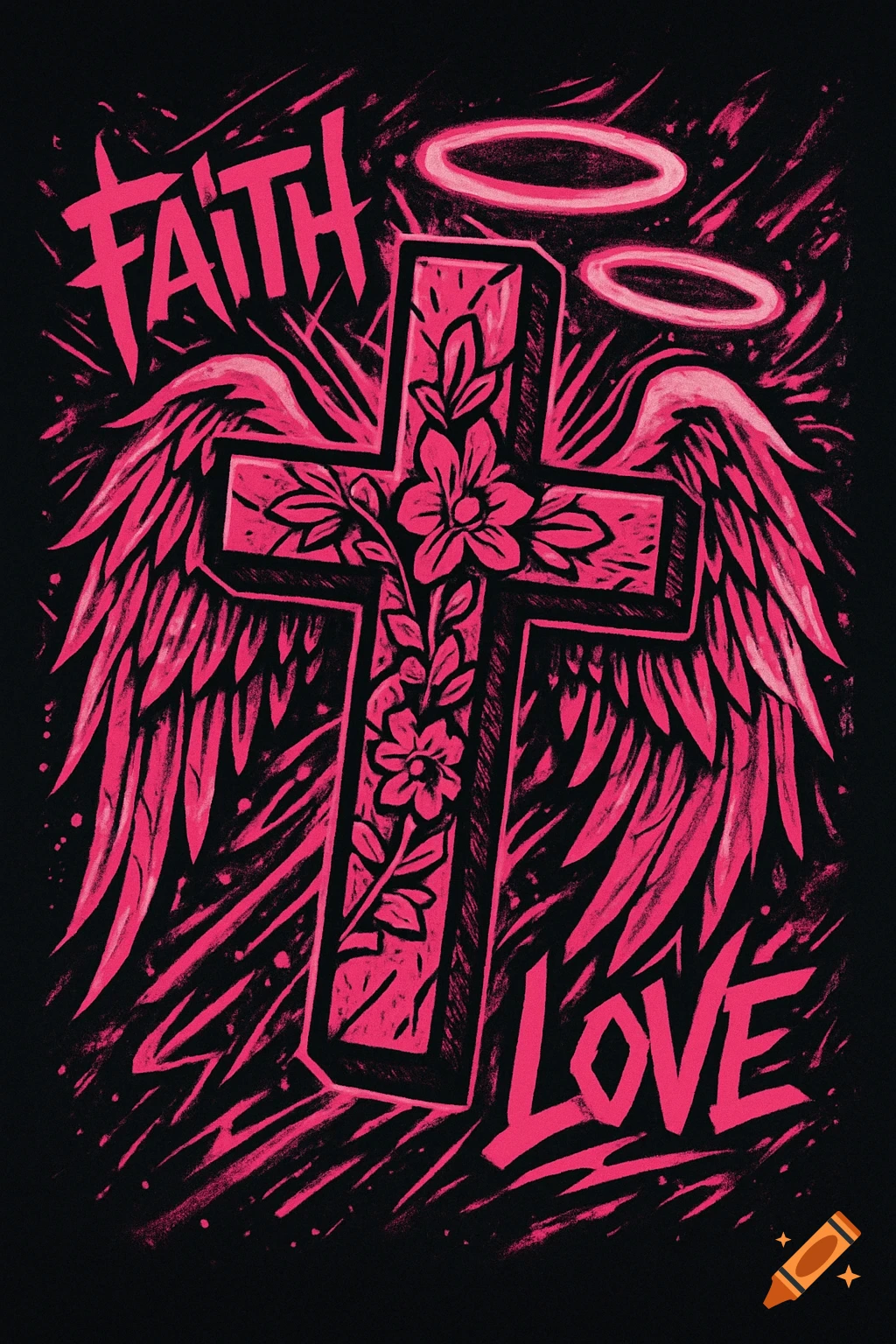 Pink stylized cross with wings and flowers, featuring 'Faith' and 'Love ...