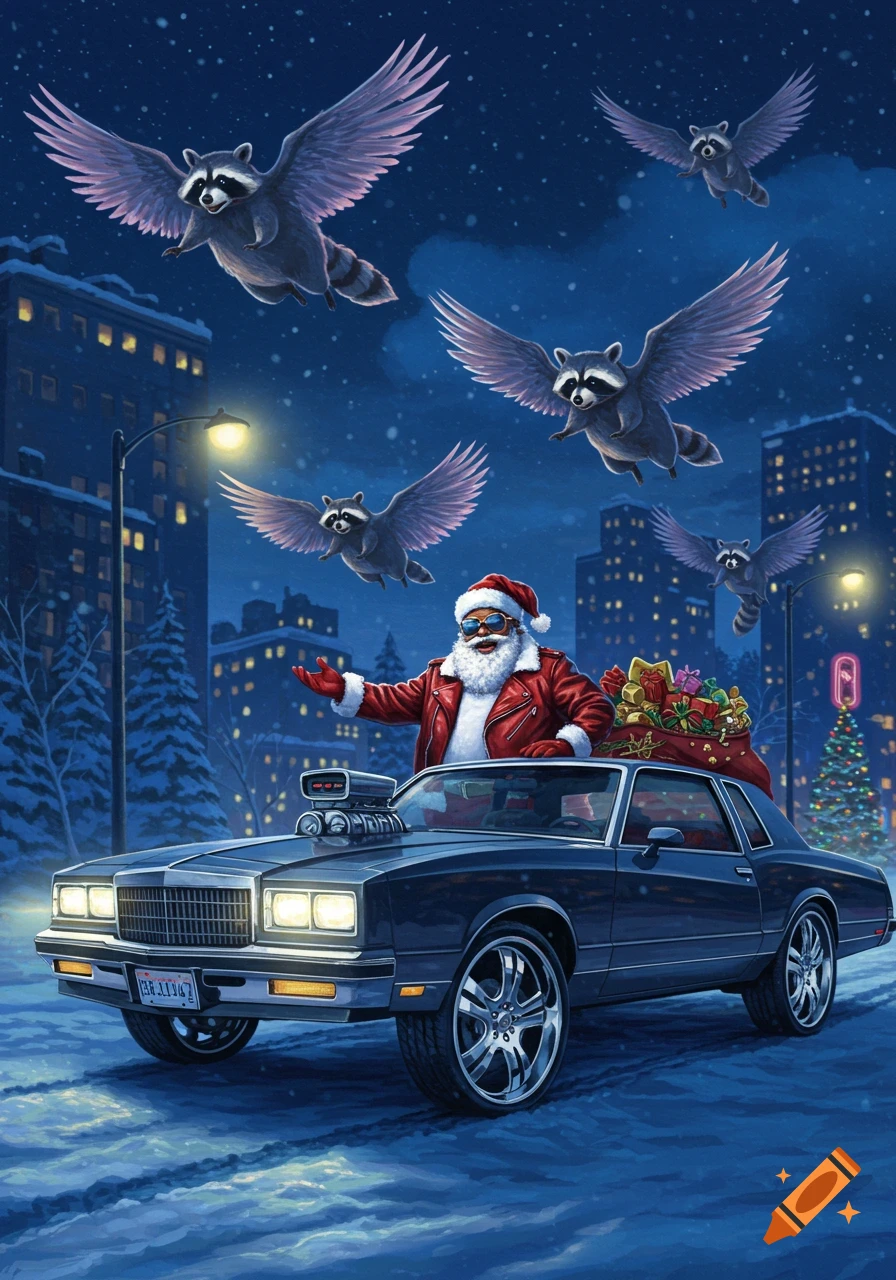 Black Santa in a red jacket drives a black Monte Carlo with a ...