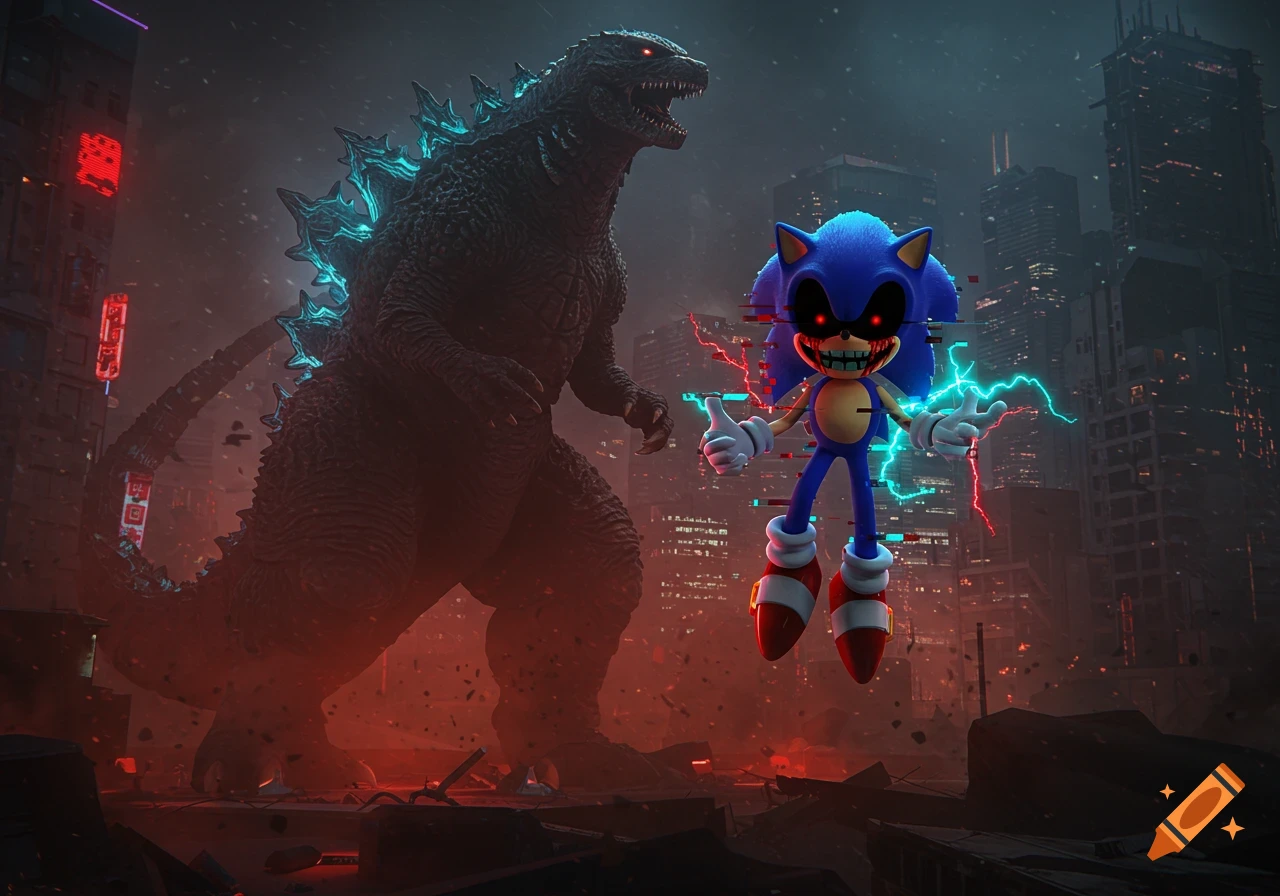Godzilla and a creepy, glitching Sonic.exe stand in a ruined, dark city ...