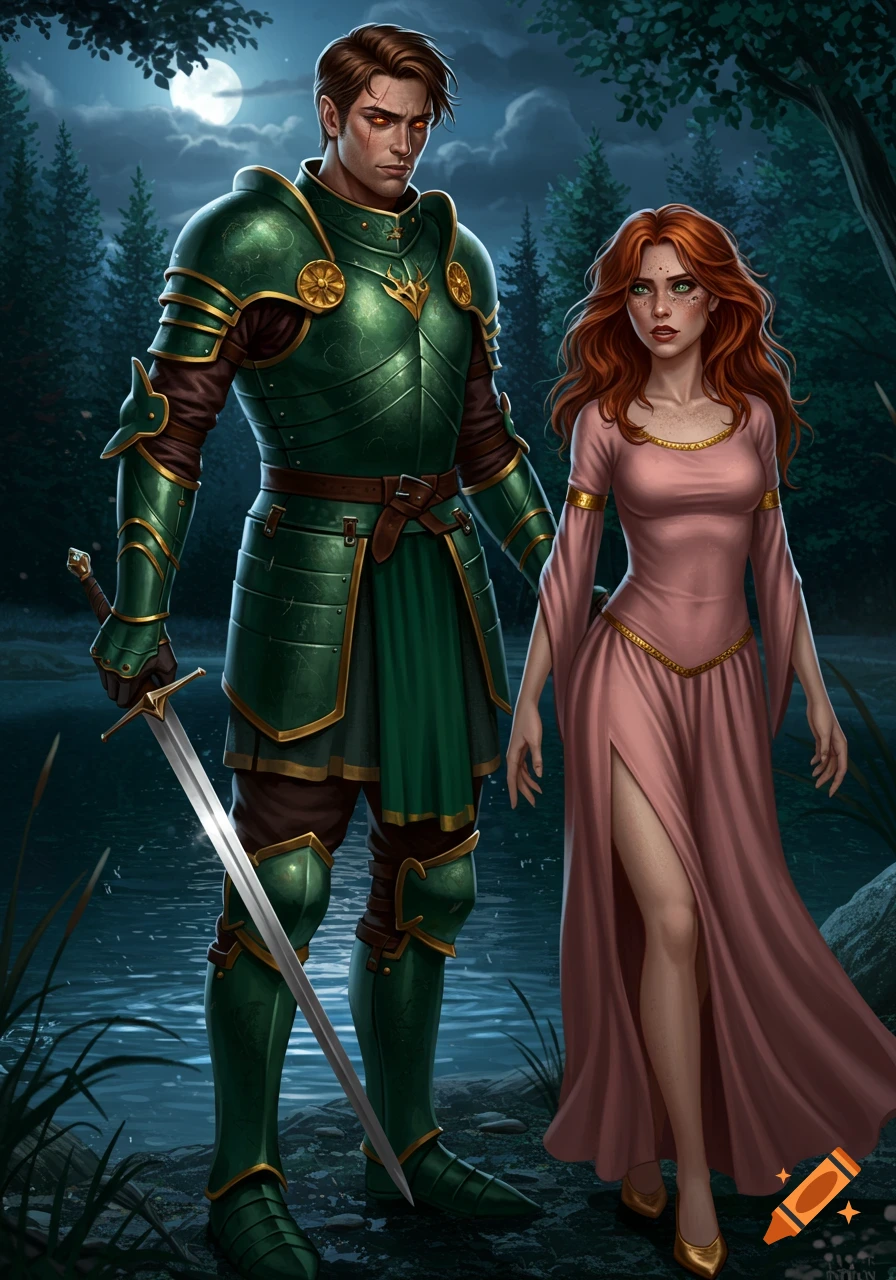 A handsome knight in green and gold armor with a sword stands next to a ...