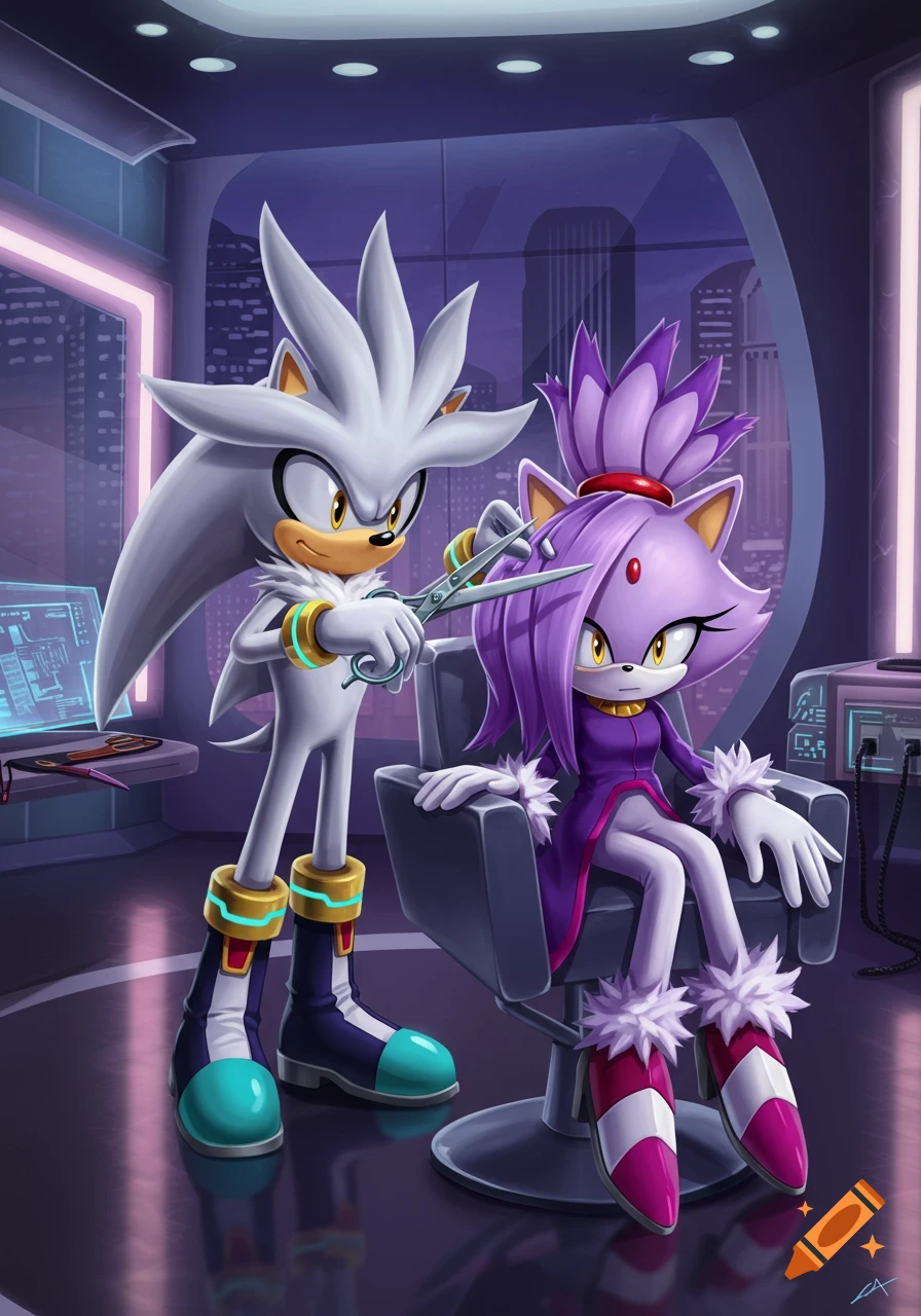 Silver the Hedgehog cuts Blaze the Cat's hair in a modern, futuristic salon setting. on Craiyon