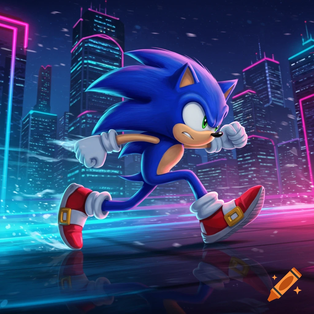 Sonic the Hedgehog speeds through a neon-lit futuristic city at night ...