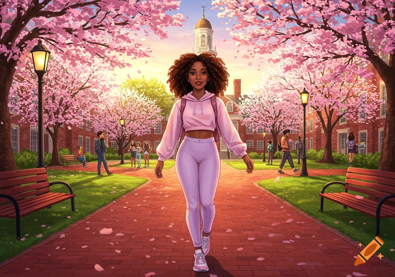 A young Black woman walks down a brick path on a vibrant college campus ...