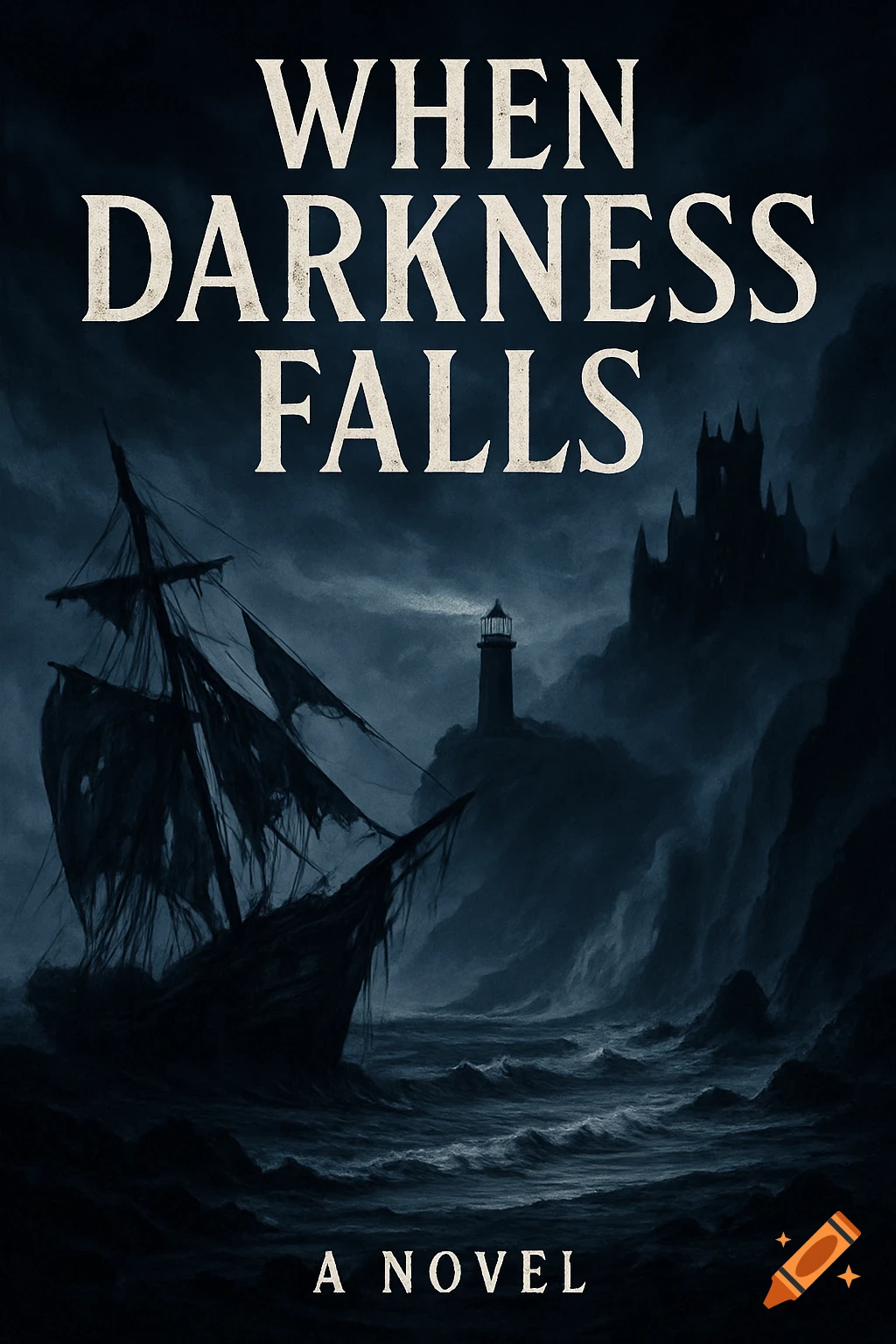Dark, stormy horror book cover featuring a wrecked ship, lighthouse ...