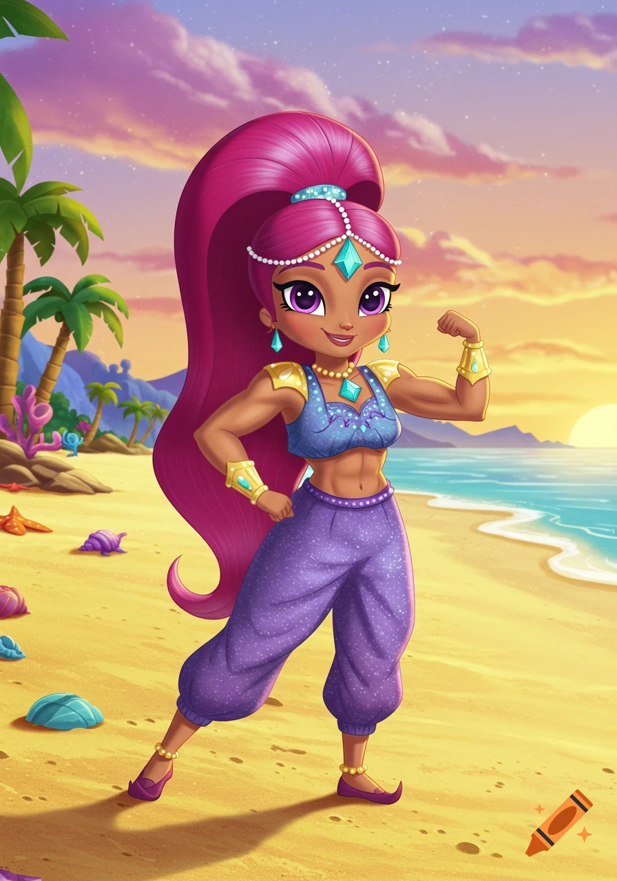 A muscular cartoon genie character with long pink hair flexes her ...