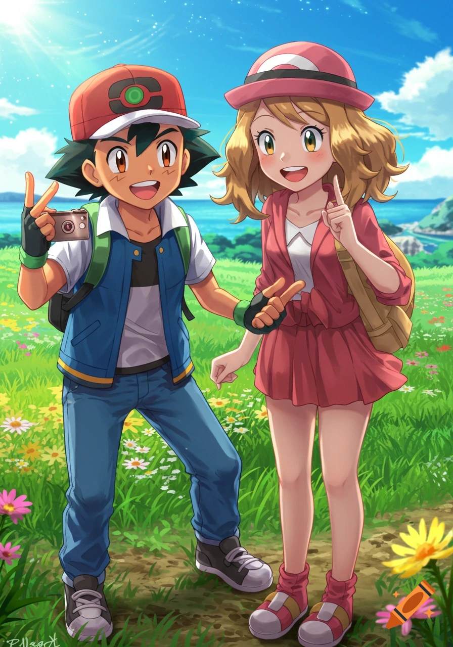 Ash Ketchum throws an explosive Poké Ball mid-air against a vibrant ...