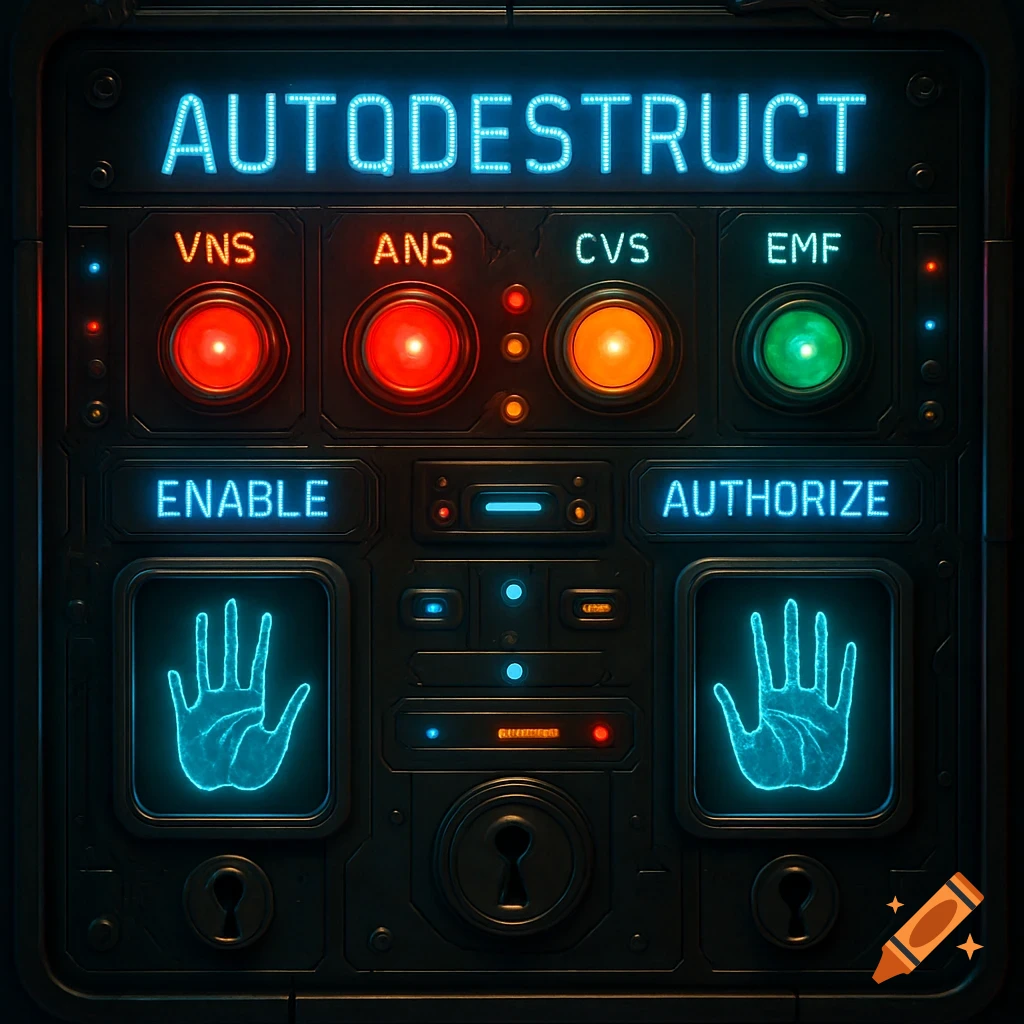 A glowing blue 'AUTODESTRUCT' label on a black high-tech control panel ...