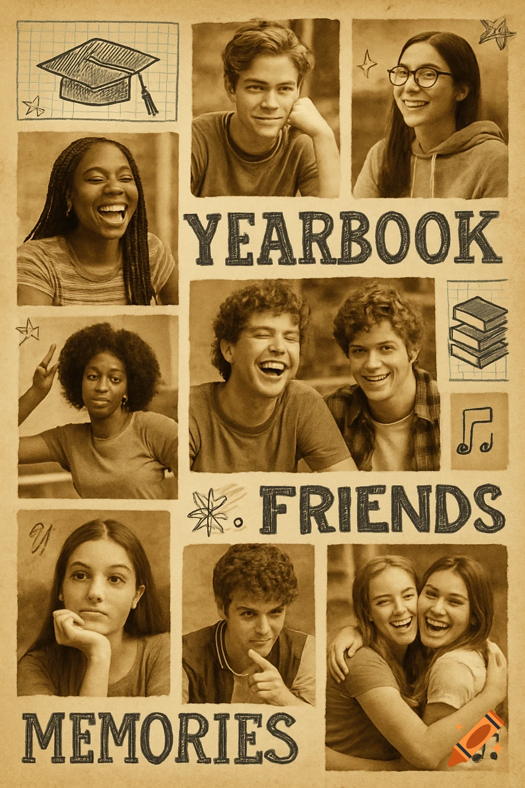 Sepia-toned yearbook page collage with diverse smiling students ...