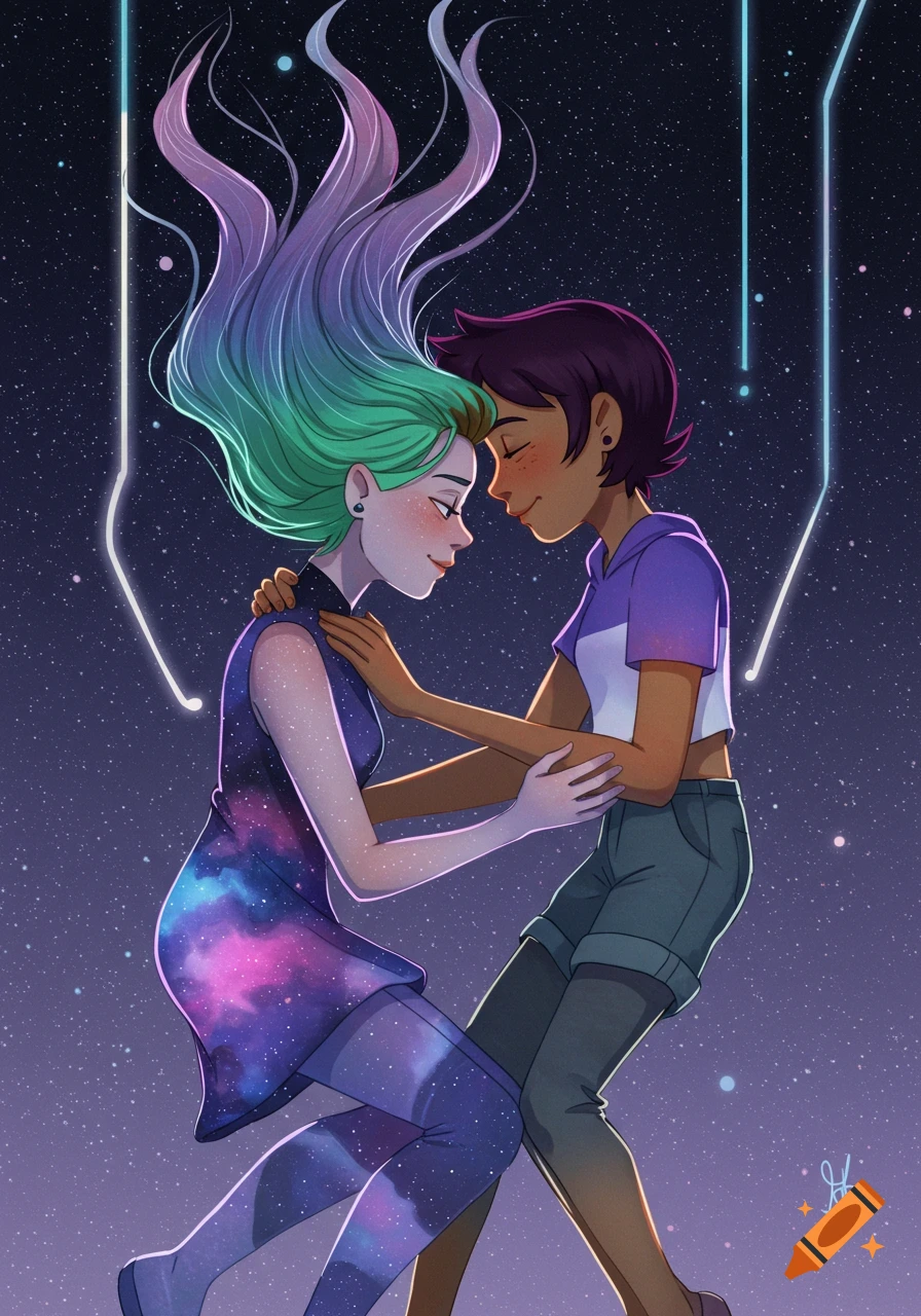 Cartoon drawing of two young women with closed eyes, foreheads touching ...