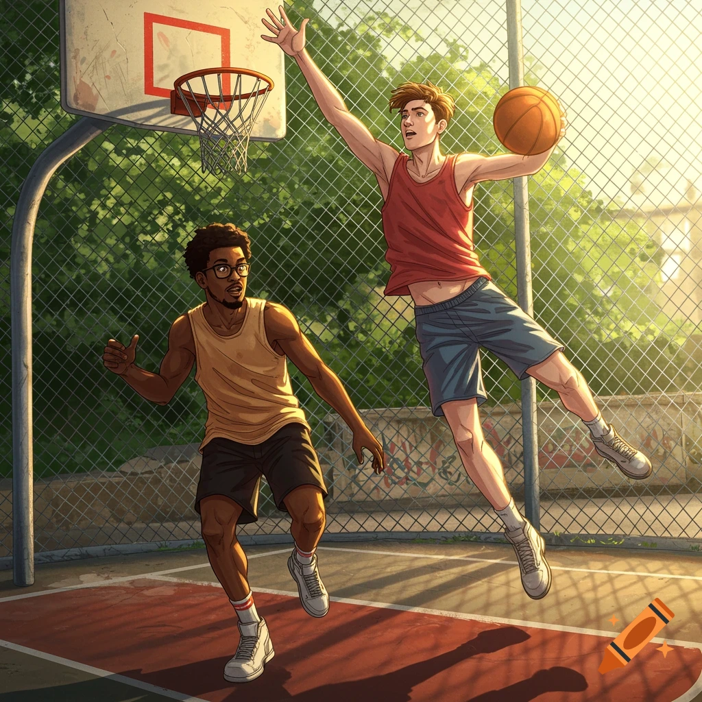 Two men playing basketball on an outdoor court under the sun, one ...