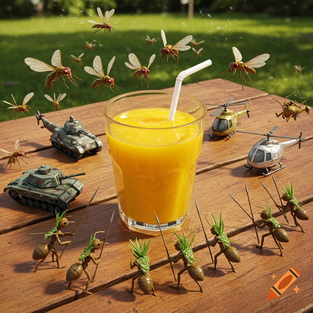 Toy ants with spears, tanks, and helicopters surround a glass of mango ...